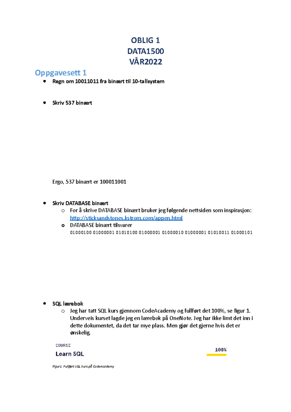 Oblig 1 i data1500 (ukesoppgaver 1-4) VÅR2022 - OBLIG 1 DATA VÅR Oppgavesett 1 Regn om 10011011 ...