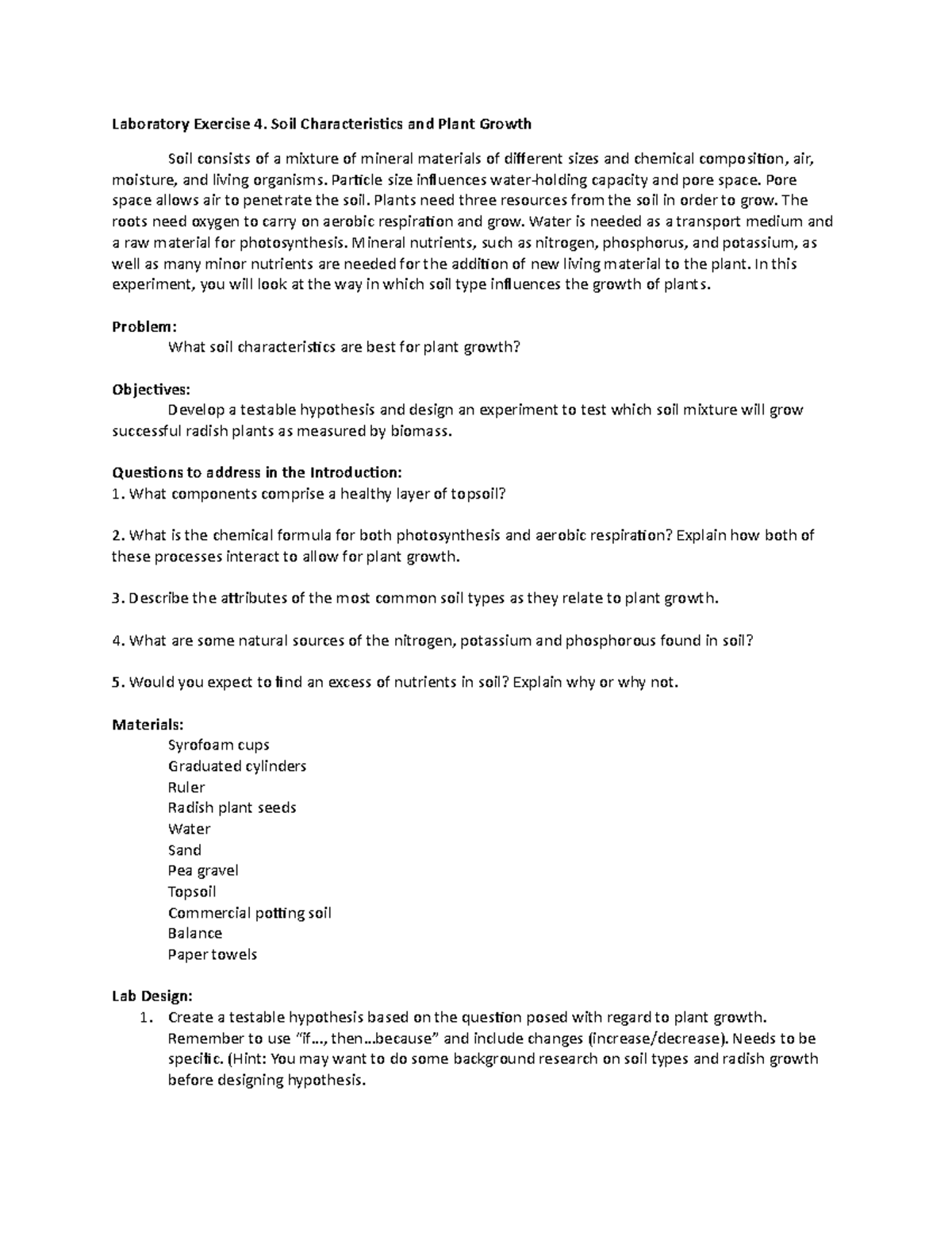 Exercise 4- General Physiology - Laboratory Exercise 4. Soil ...