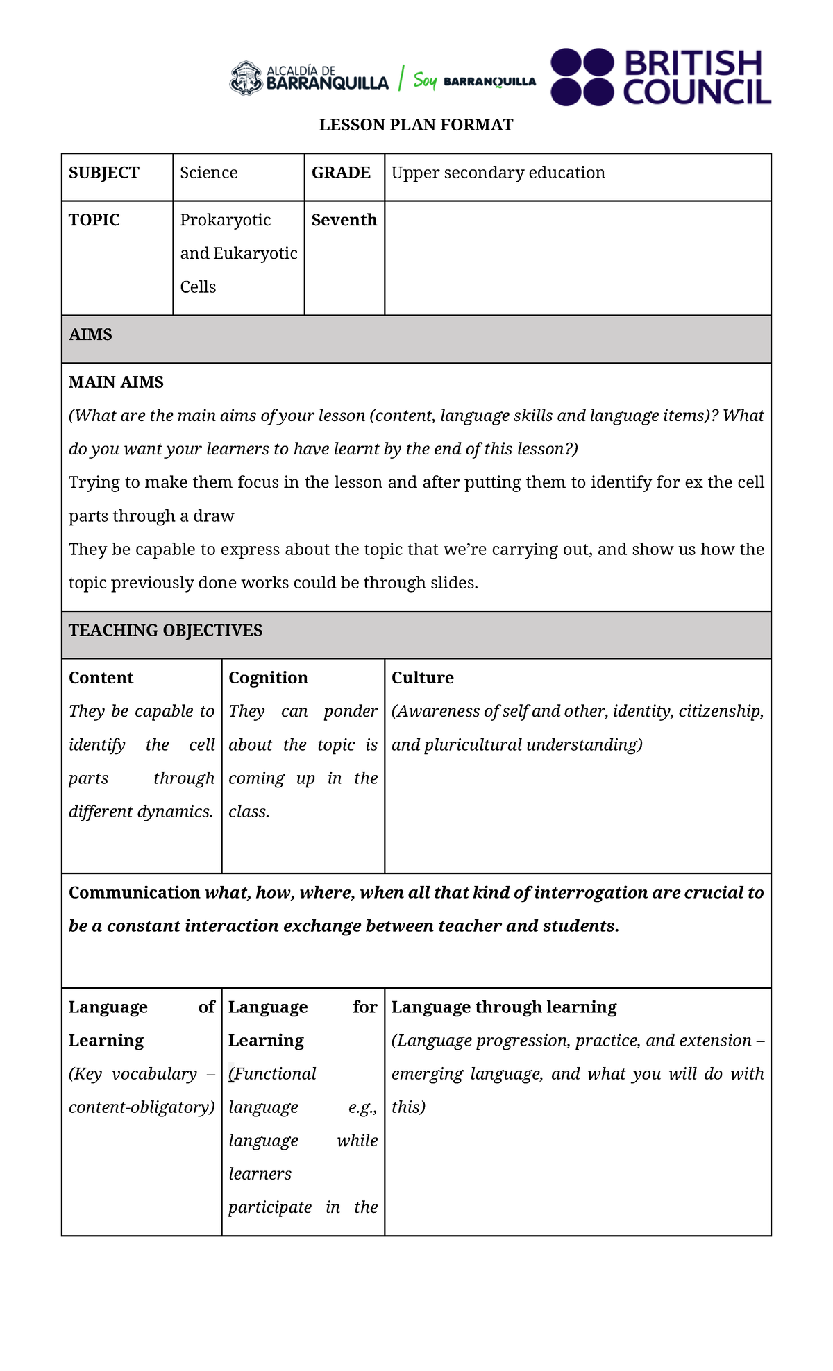 CLIL Lesson Plan Format elioned - LESSON PLAN FORMAT SUBJECT Science ...