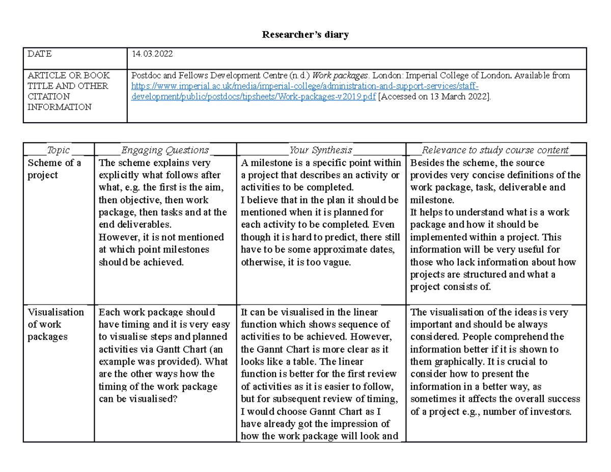 Researchers diary log 15 March You may find how a source should be ...