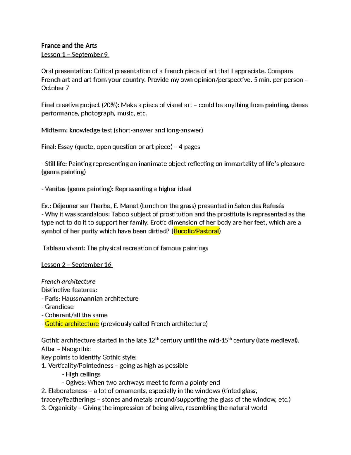 France and the Arts - Notes - France and the Arts Lesson 1 – September ...