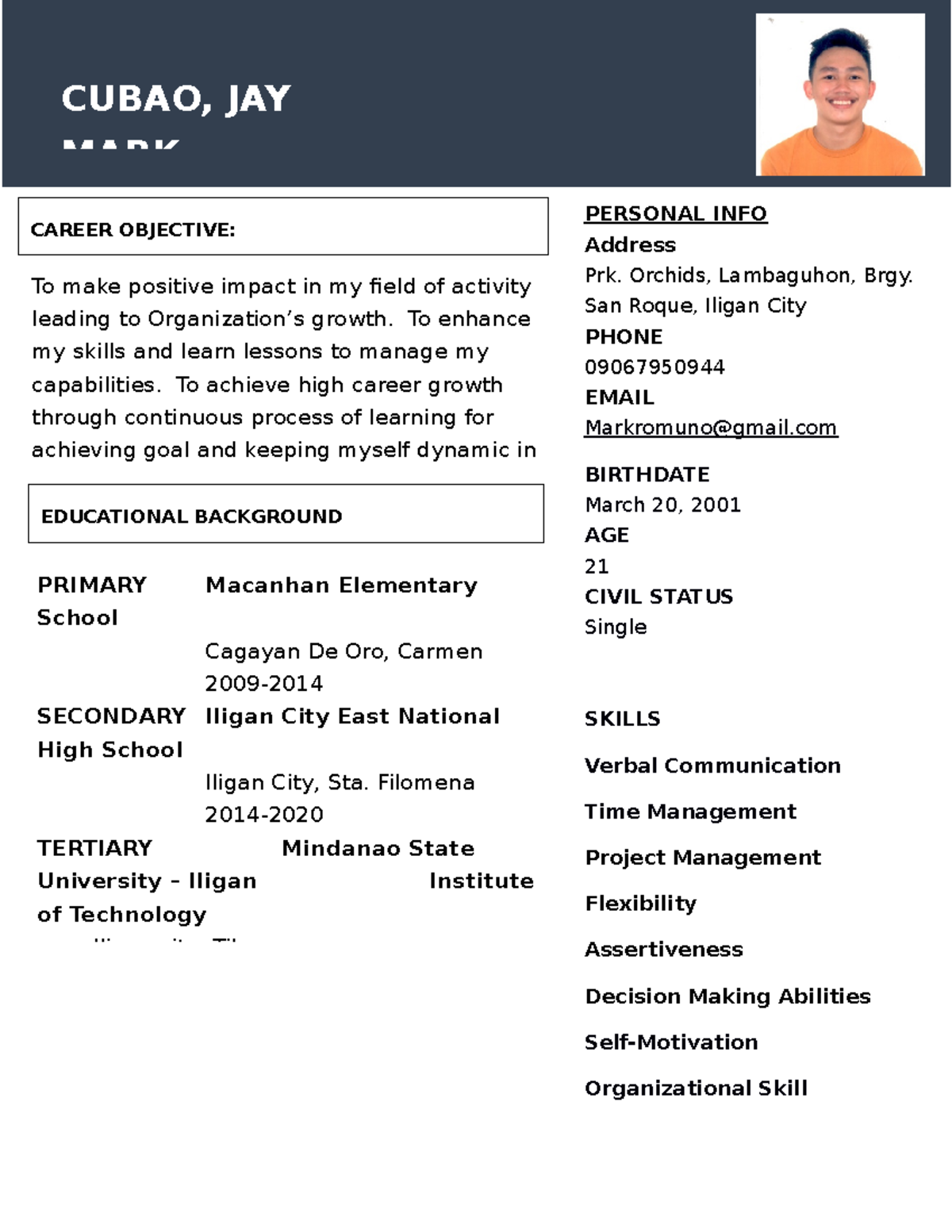 Résumé - history - G EDUCATIONAL BACKGROUND PRIMARY Macanhan Elementary ...