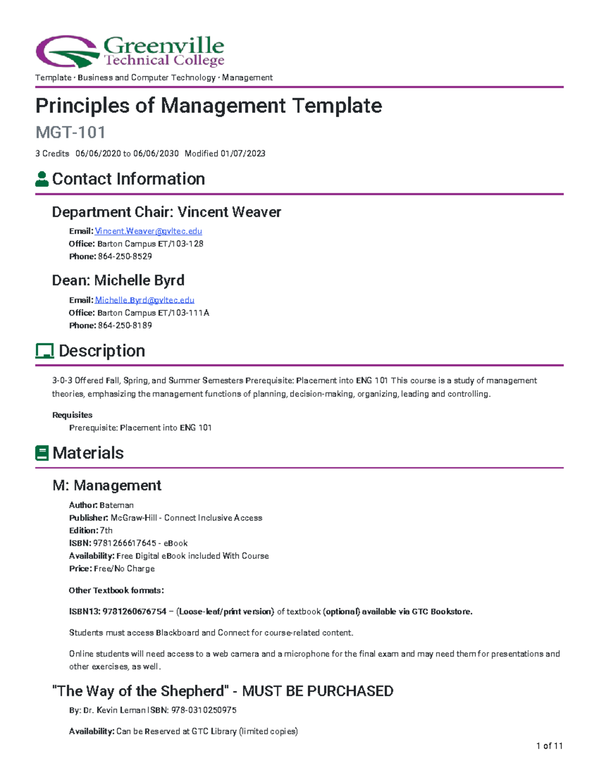 23SP MGT-101 Course Syllabus - Contact Information Department Chair ...