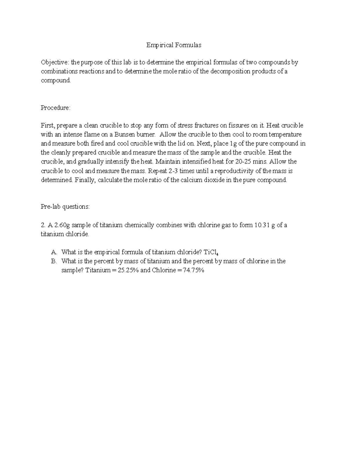 Emperical Formula - Pre-lab assignments - Empirical Formulas Objective ...