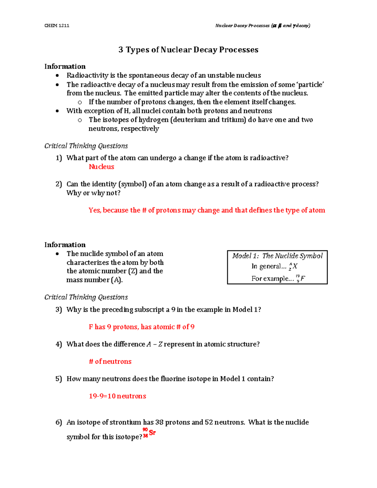 Nuclear Decay Activity Answer Key - 3 Types of Nuclear Decay Processes ...