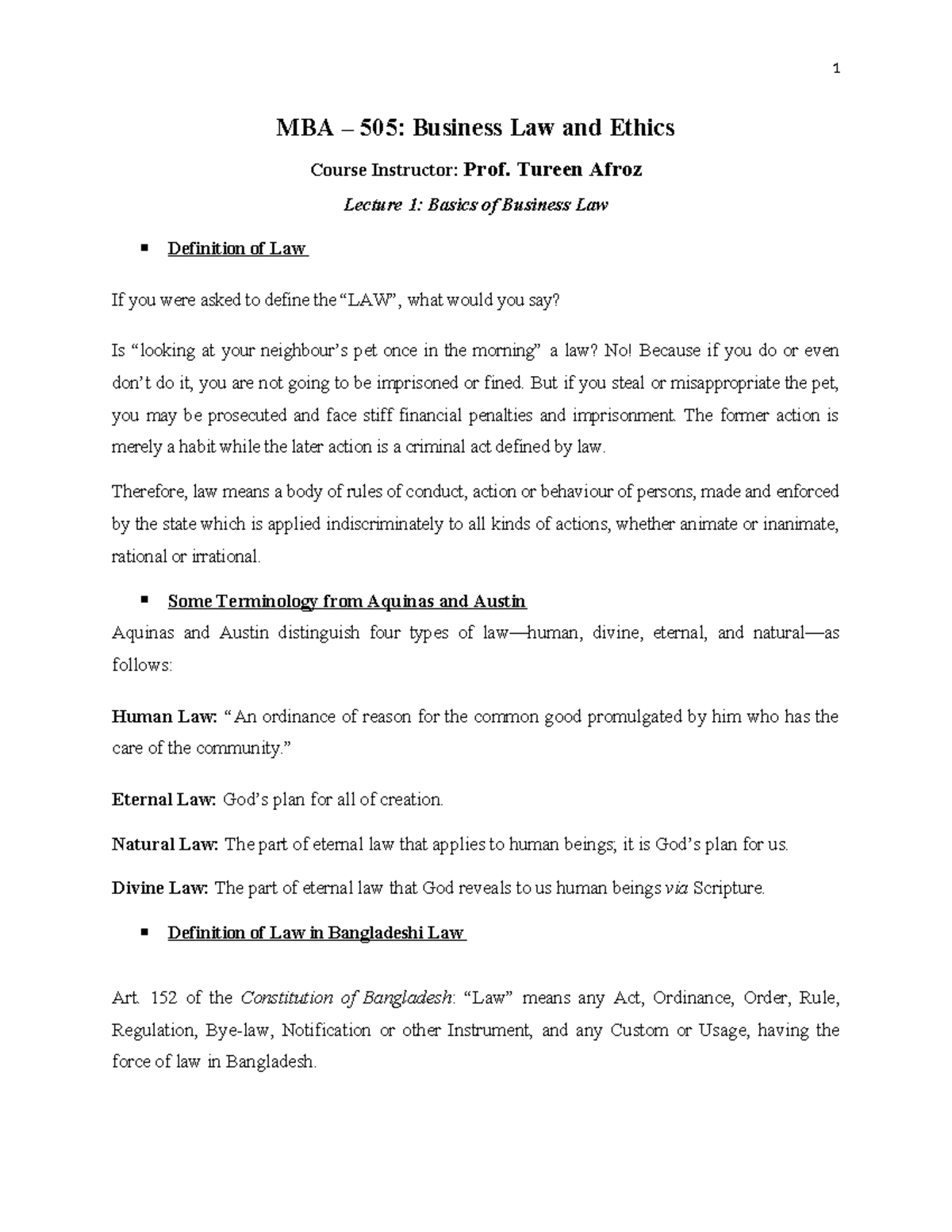 LEC 1 - Basics of Business Law - MBA – 505: Business Law and Ethics ...