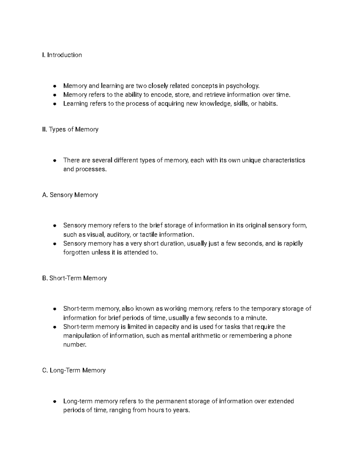 Lecture notes on memeory and learning pt - I. Introduction Memory and ...