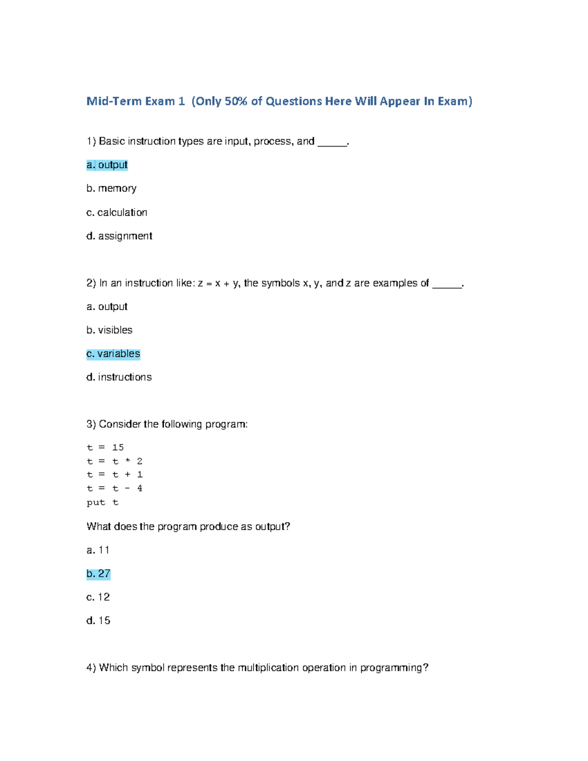 Midterm exam 1 study guide answers - Mid-Term Exam 1 (Only 50% of ...