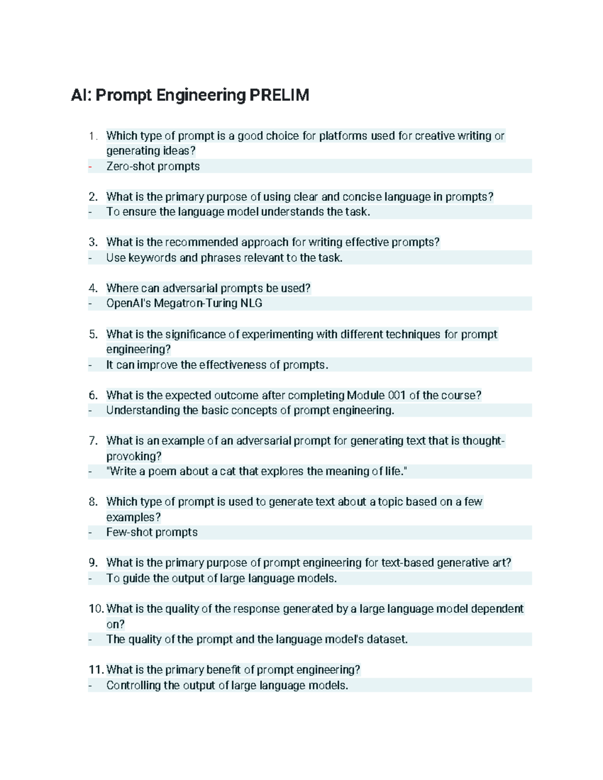 AI Prompt Engineering Prelim - AI: Prompt Engineering PRELIM 1. Which ...