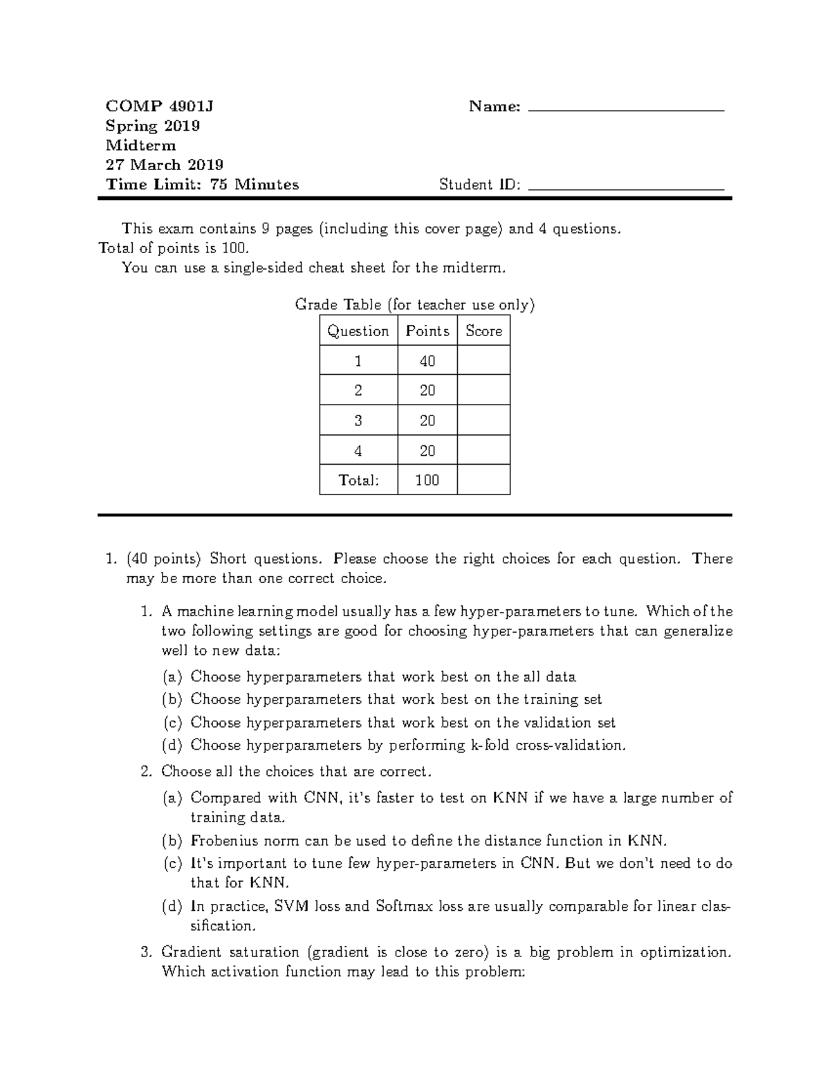 COMP4901J Midterm - mid term exam solution - COMP 4901J Name: Spring ...