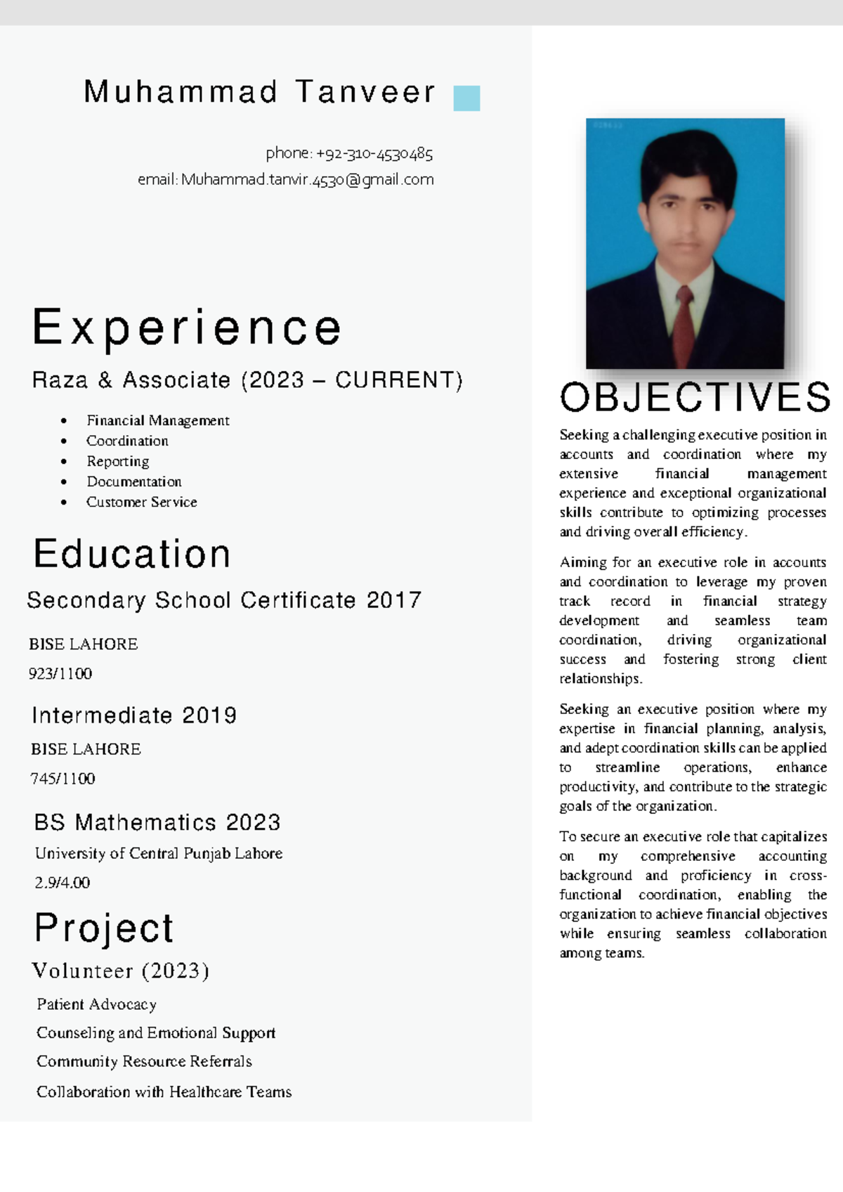Resume Tanveer 1 - M u h a m m a d T a n v e e r phone: +92- 310 - 4530485 email: - Studocu