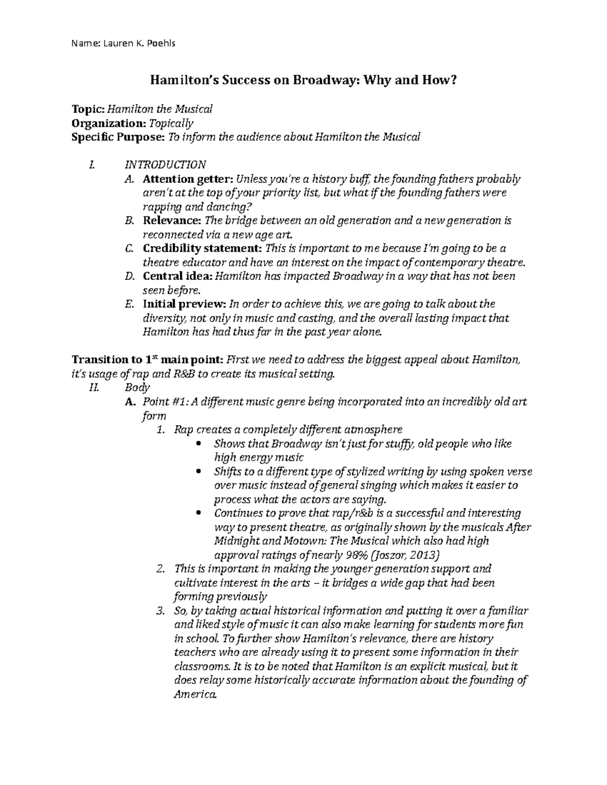 Informative Speech Full Completed Outline - Hamilton - Hamilton’s ...