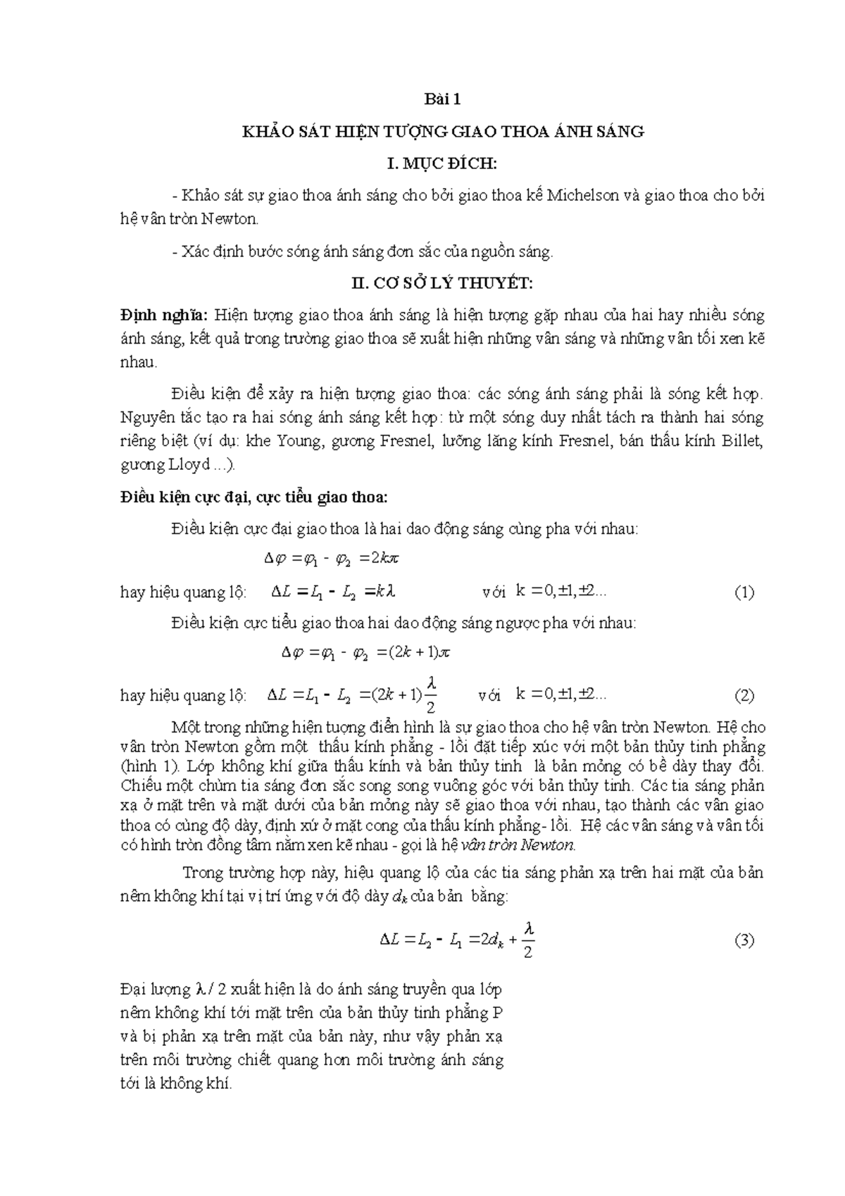 Cac bai TNVL 2 - đăng kiếm lượt tải tài liệu thôi ạ - Bài 1 KHẢO SÁT HIỆN TƯỢNG GIAO THOA ÁNH ...