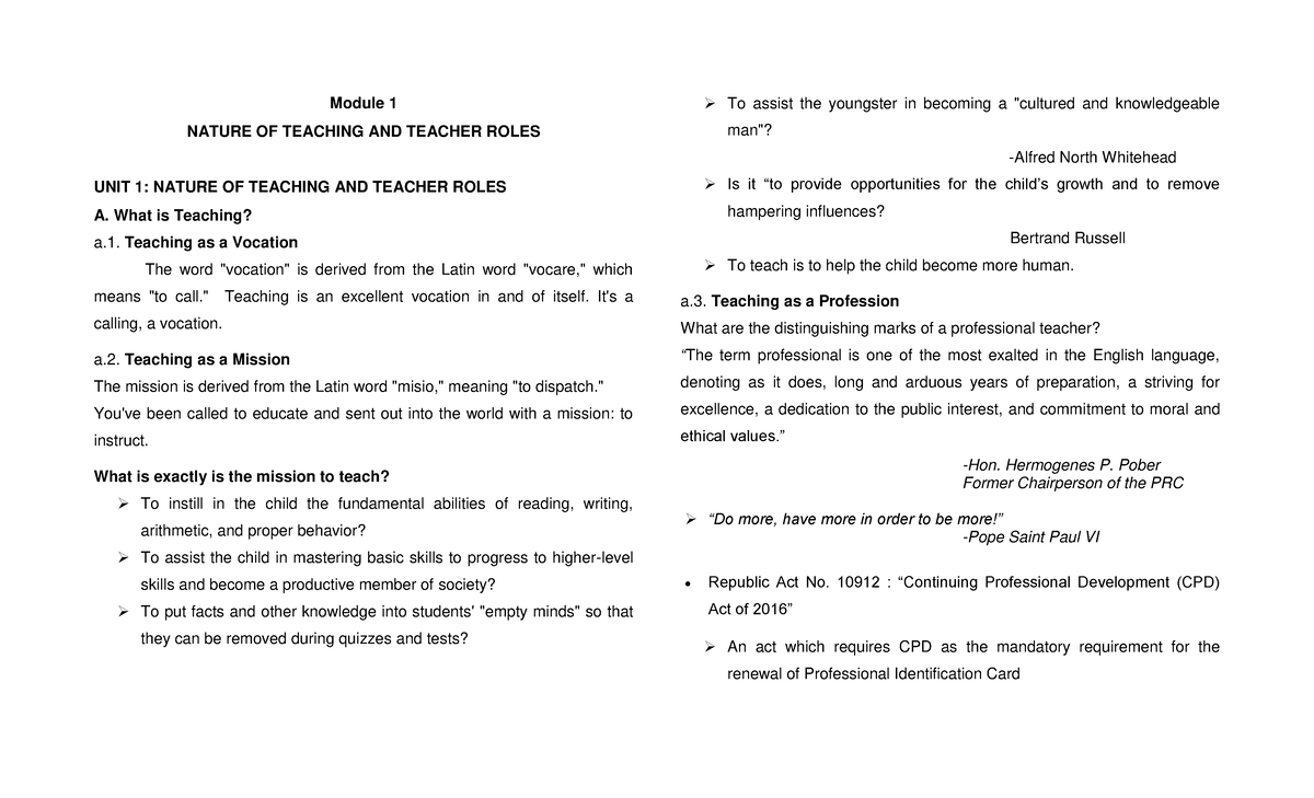 Module 1 Educ 9 - Module 1 NATURE OF TEACHING AND TEACHER ROLES UNIT 1 ...