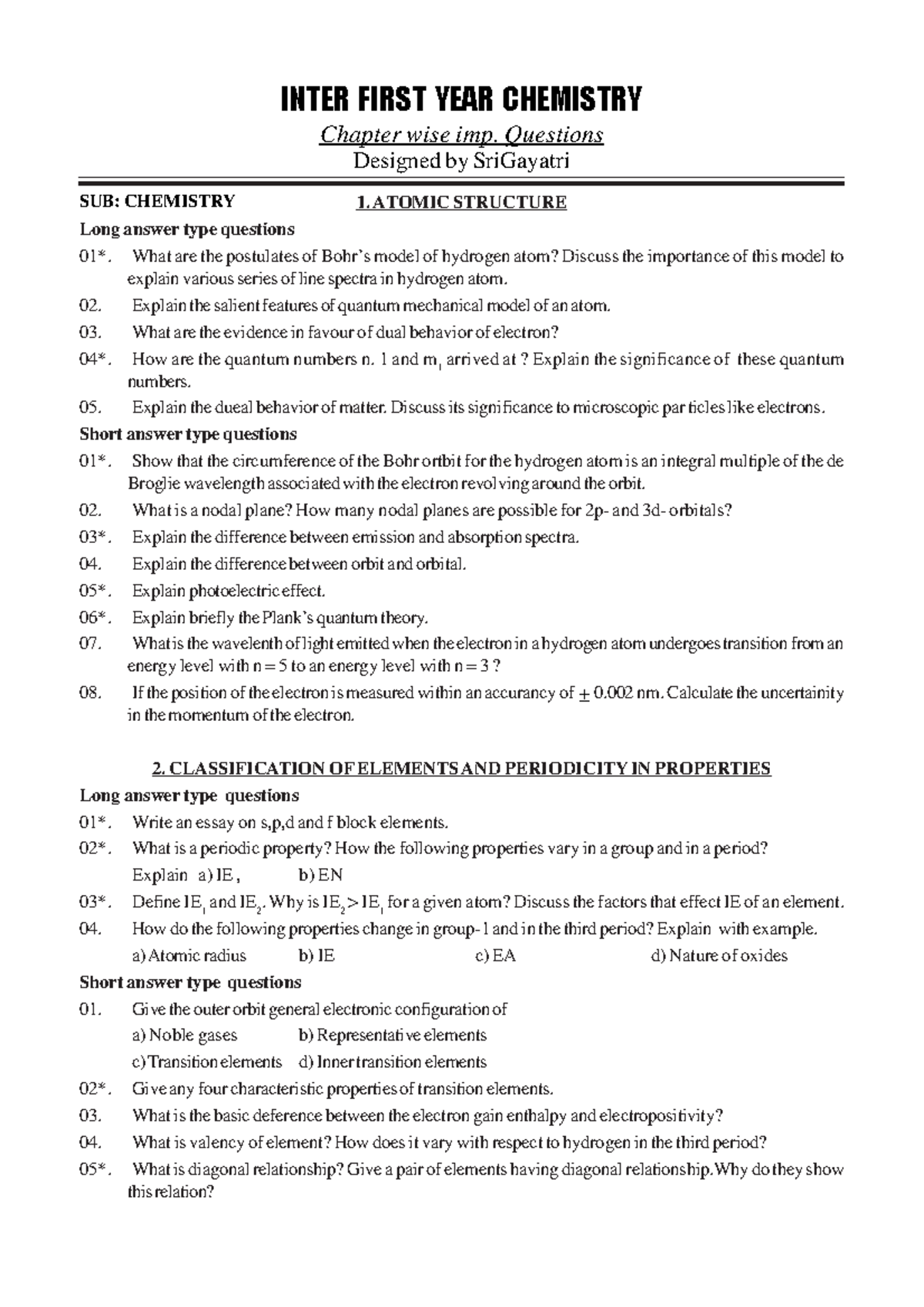 Chemistry imp 8 and 4 Marks - 1. ATOMIC STRUCTURE Long answer type ...