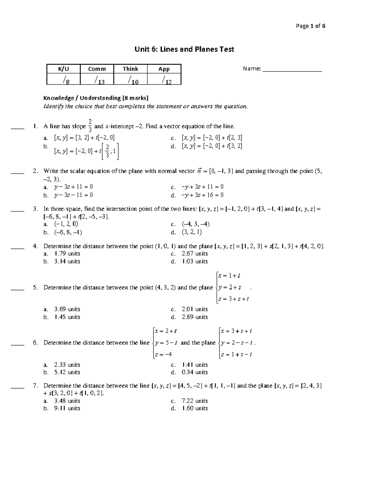 1647025719-Unit 6 Test MCV4U - Unit 6: Lines and Planes Test K/U Comm ...