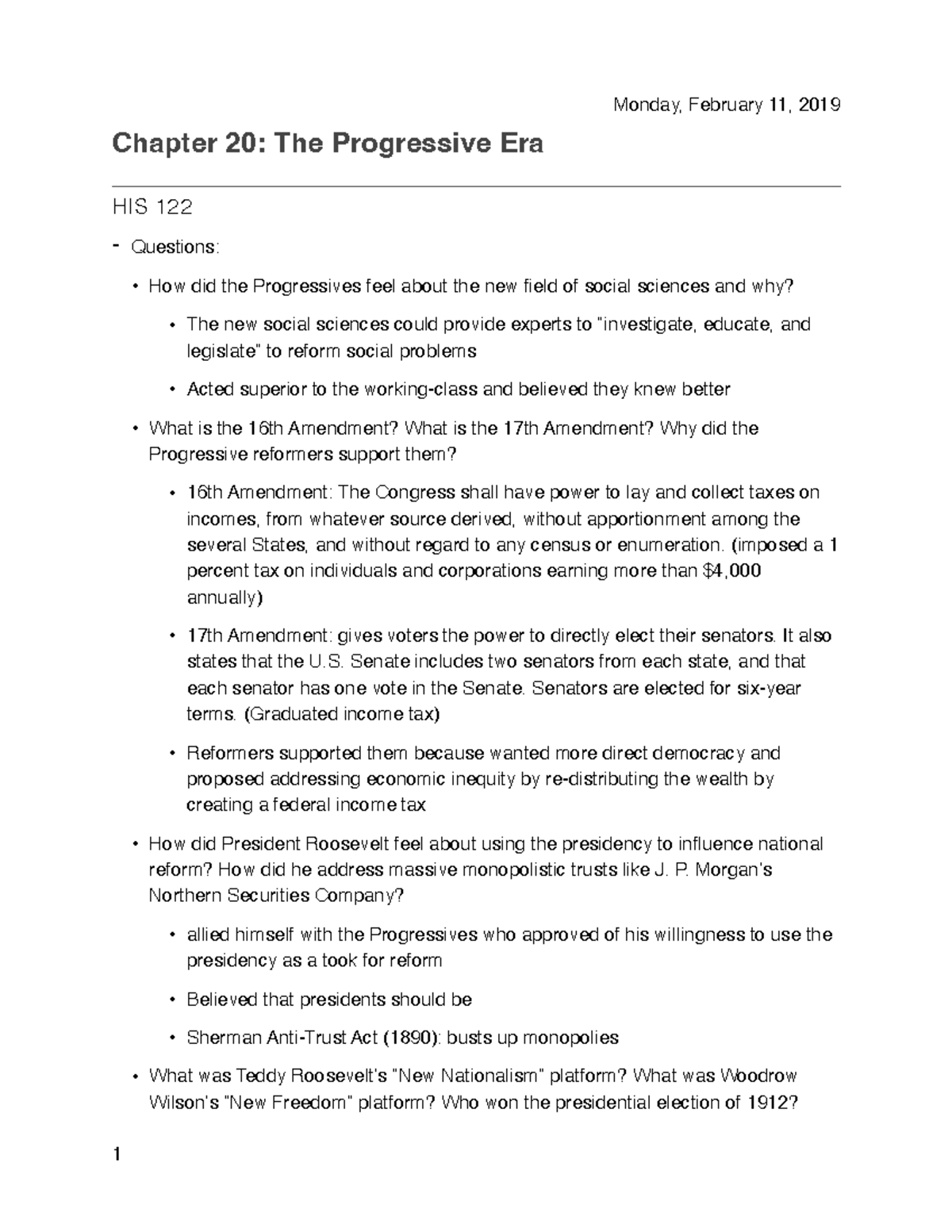 Progressive Era HIS 122 Questions and Amendments - Studocu