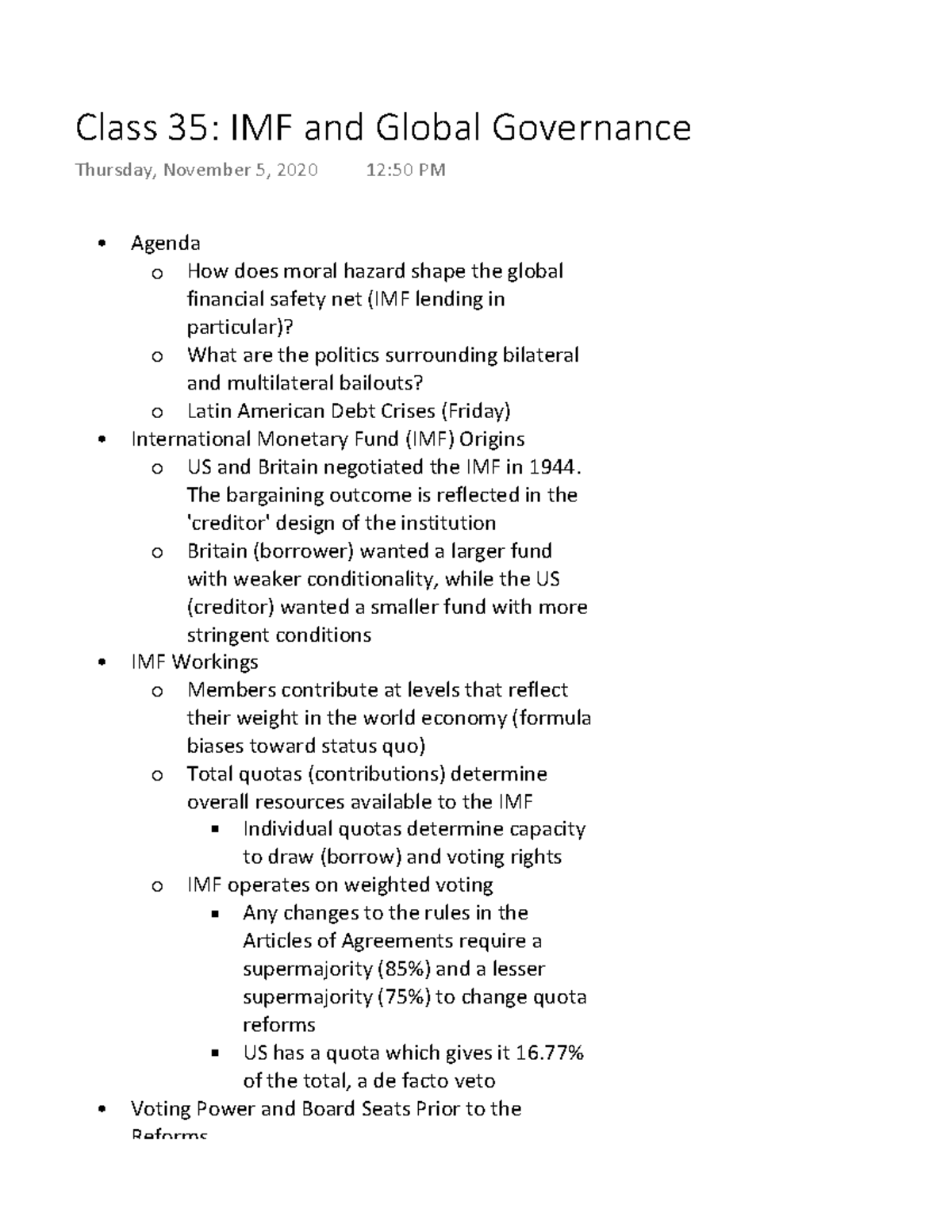 Class 35 IMF and Global Governance - Agenda How does moral hazard shape ...