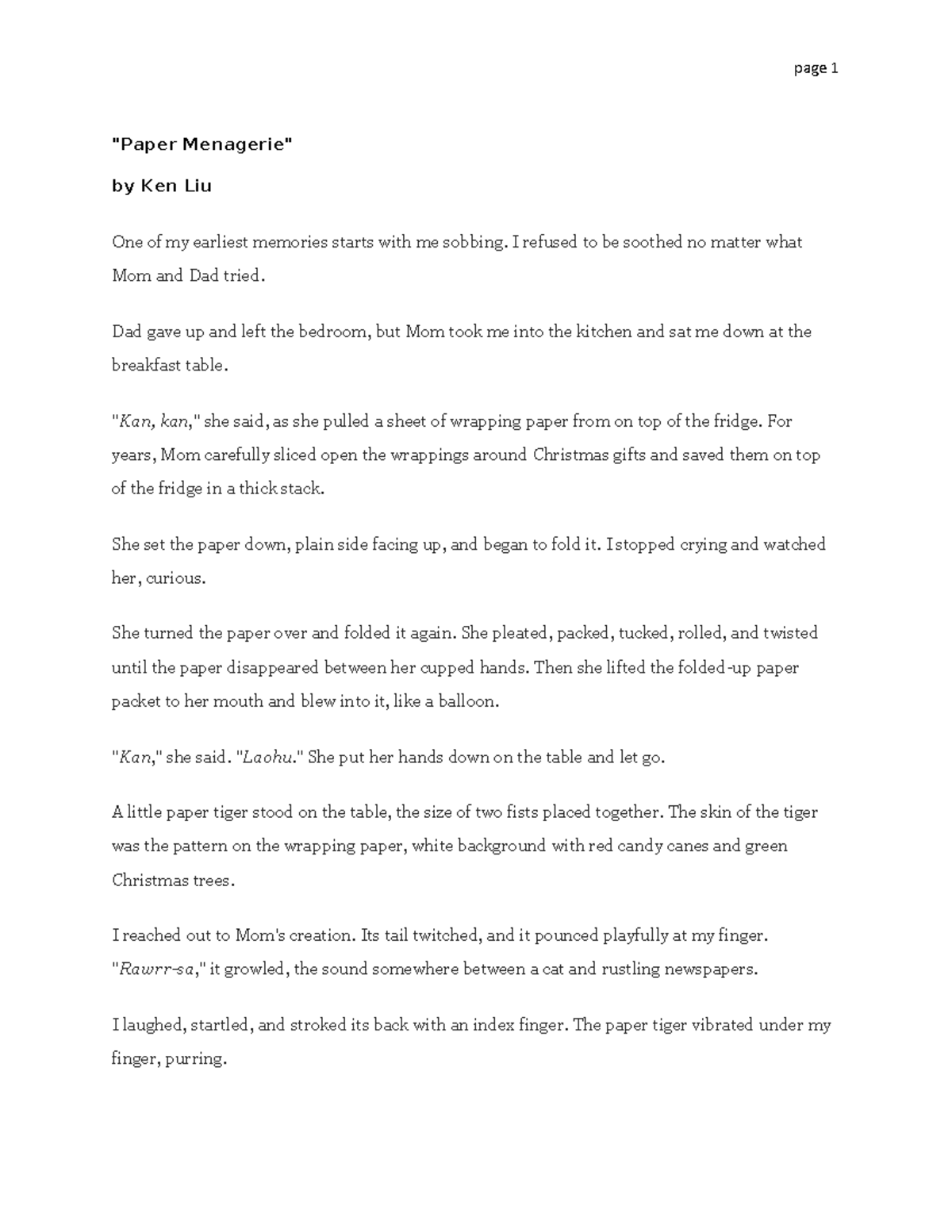 Paper Menagerie reg - "Paper Menagerie" by Ken Liu One of my earliest ...