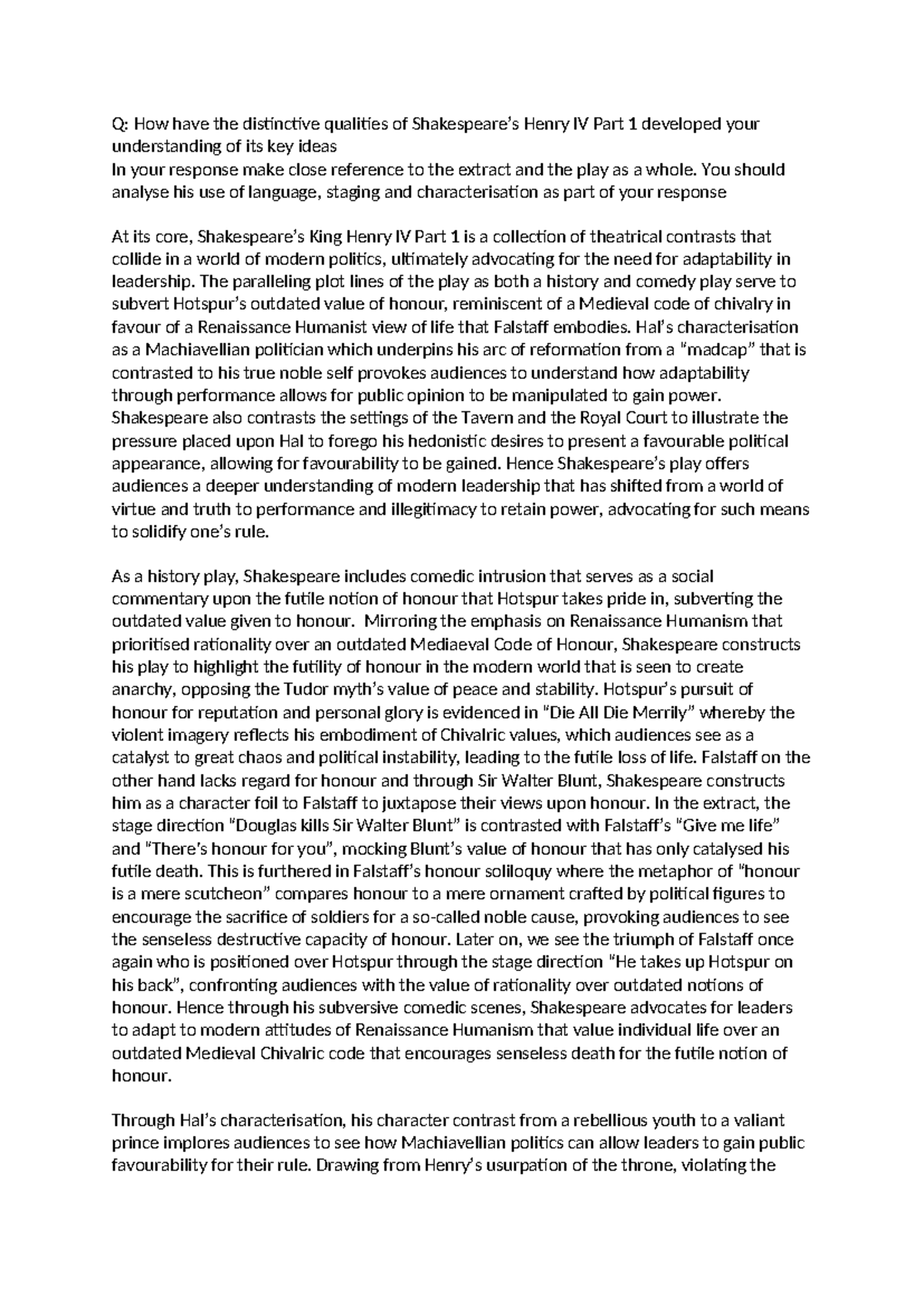 Mod B Essay Q-How have the distinctive qualities of Shakespeare’s Henry ...