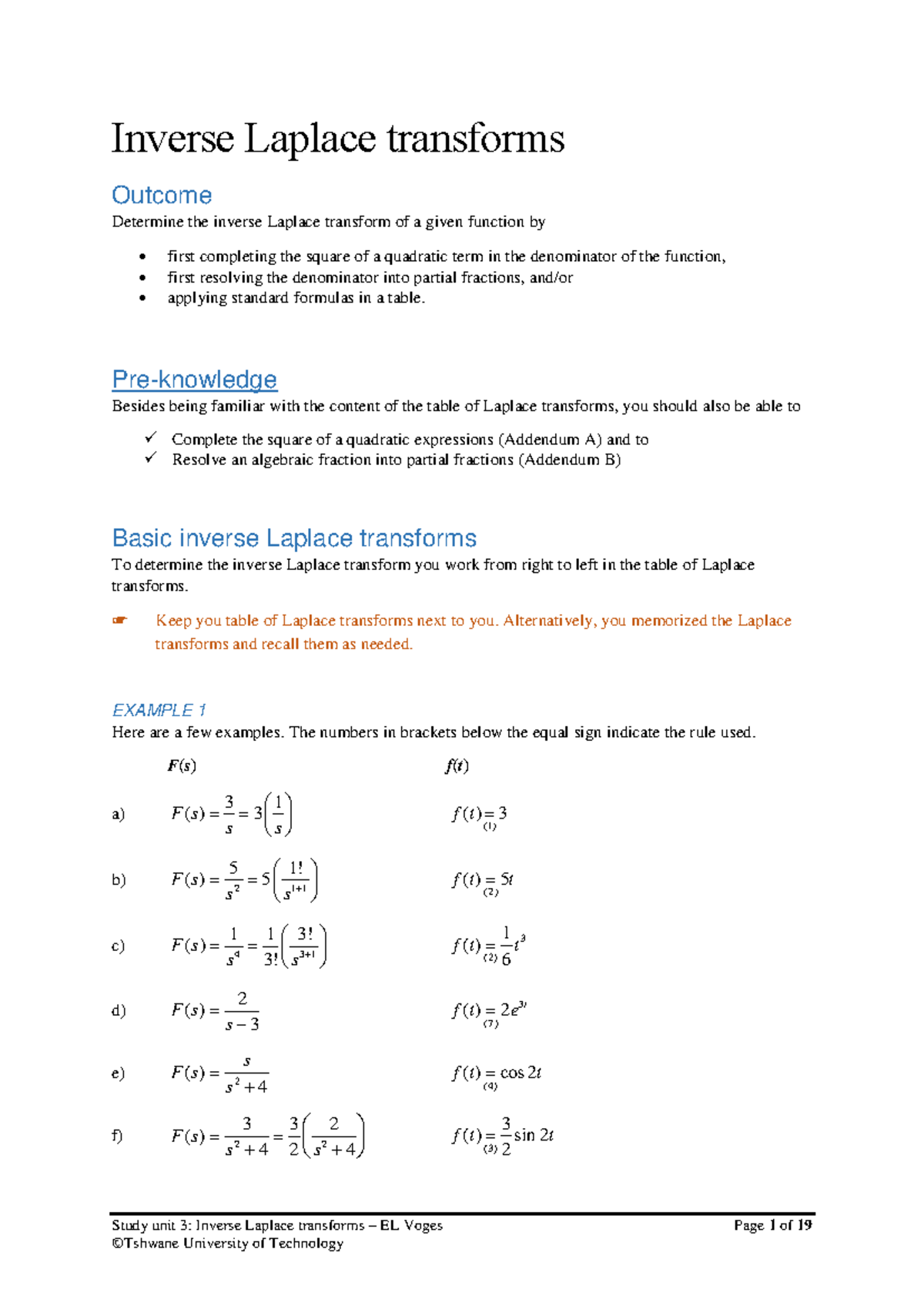 3 2 Inverse Laplace Summary - Study unit 3: Inverse Laplace transforms ...