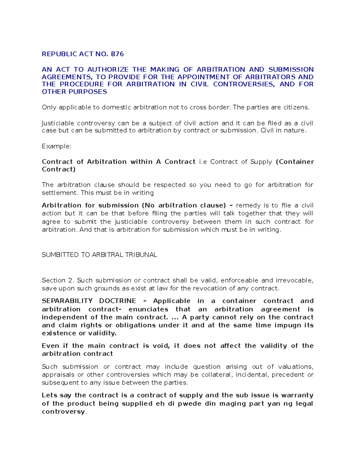 ADR NEXT WEEK - Notes on ADR - REPUBLIC ACT NO. 876 AN ACT TO AUTHORIZE ...