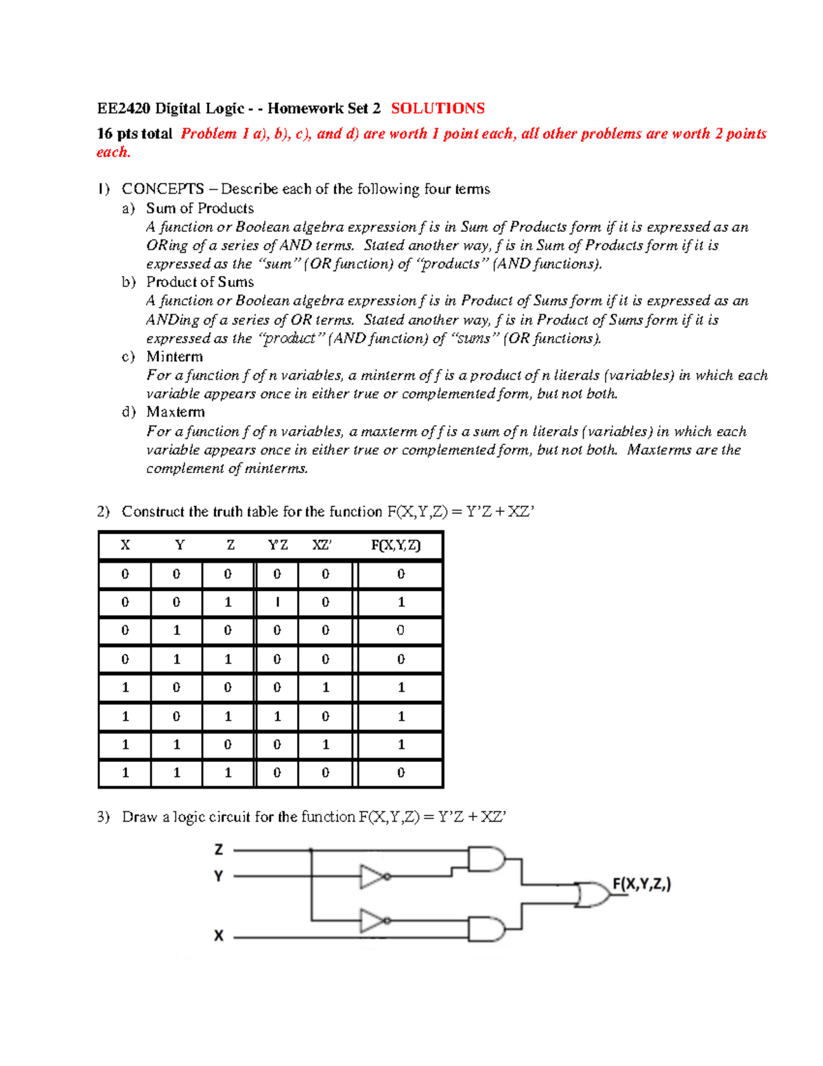 HW 2 Solutions - Hw answers for digital logic - EE2420 Digital Logic - Homework Set 2 SOLUTIONS ...