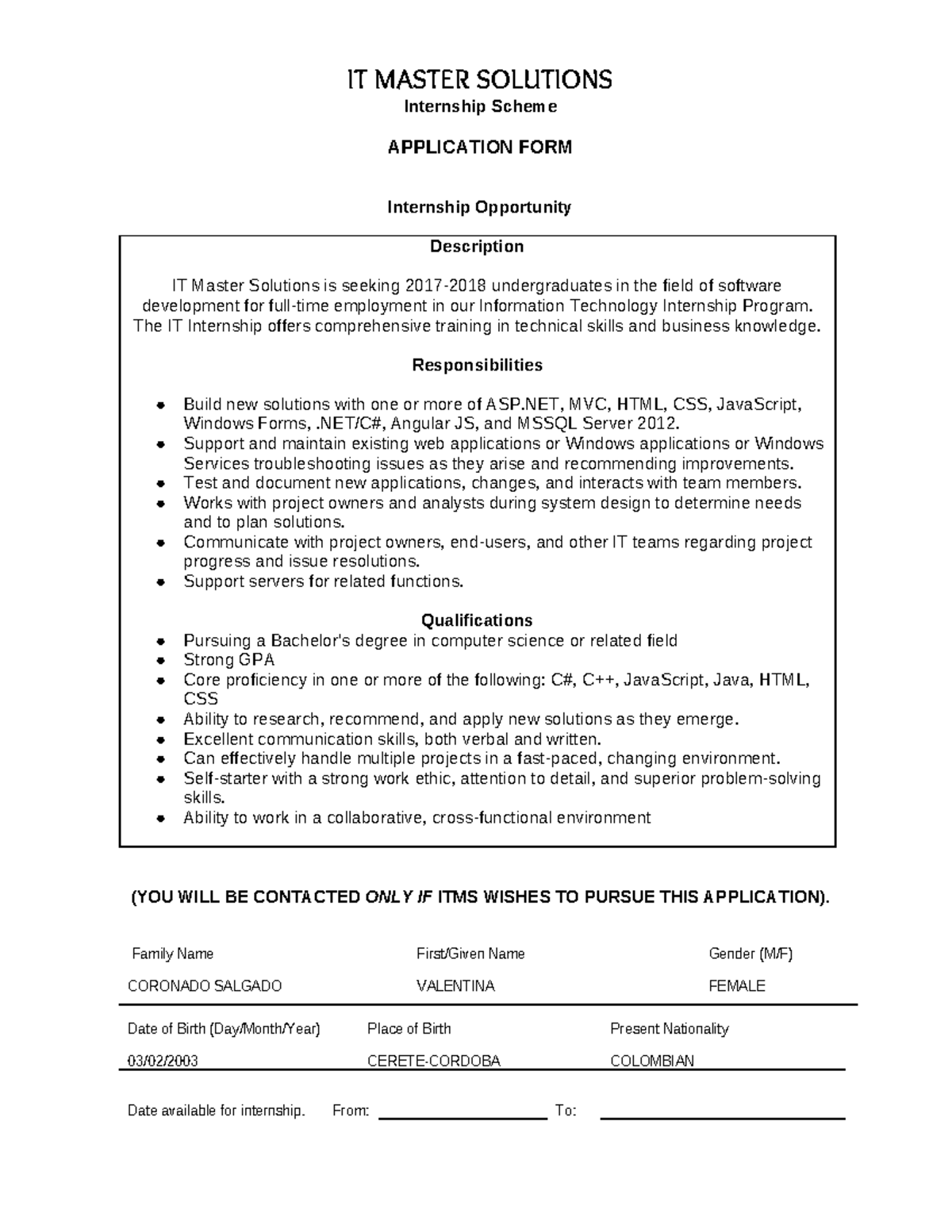 Formato-Internship application form - IT MASTER SOLUTIONS Internship ...