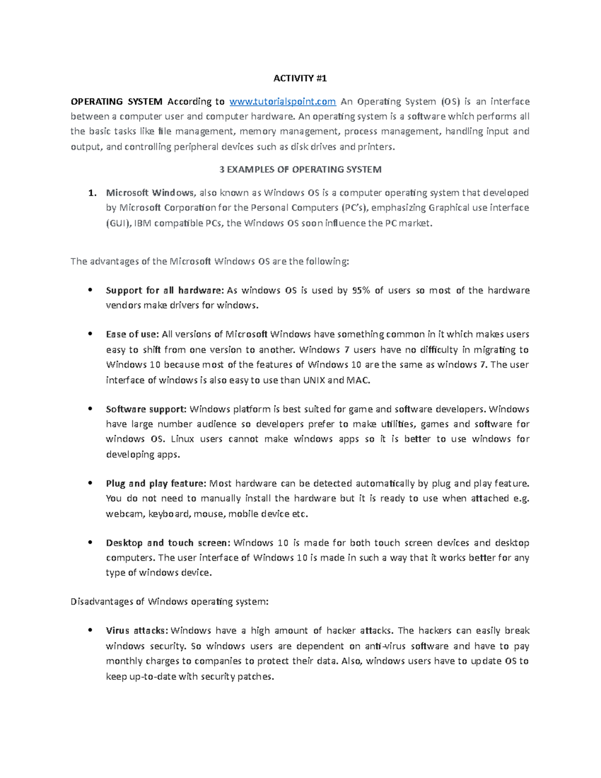 Assignment Lecture - ACTIVITY OPERATING SYSTEM According to ...