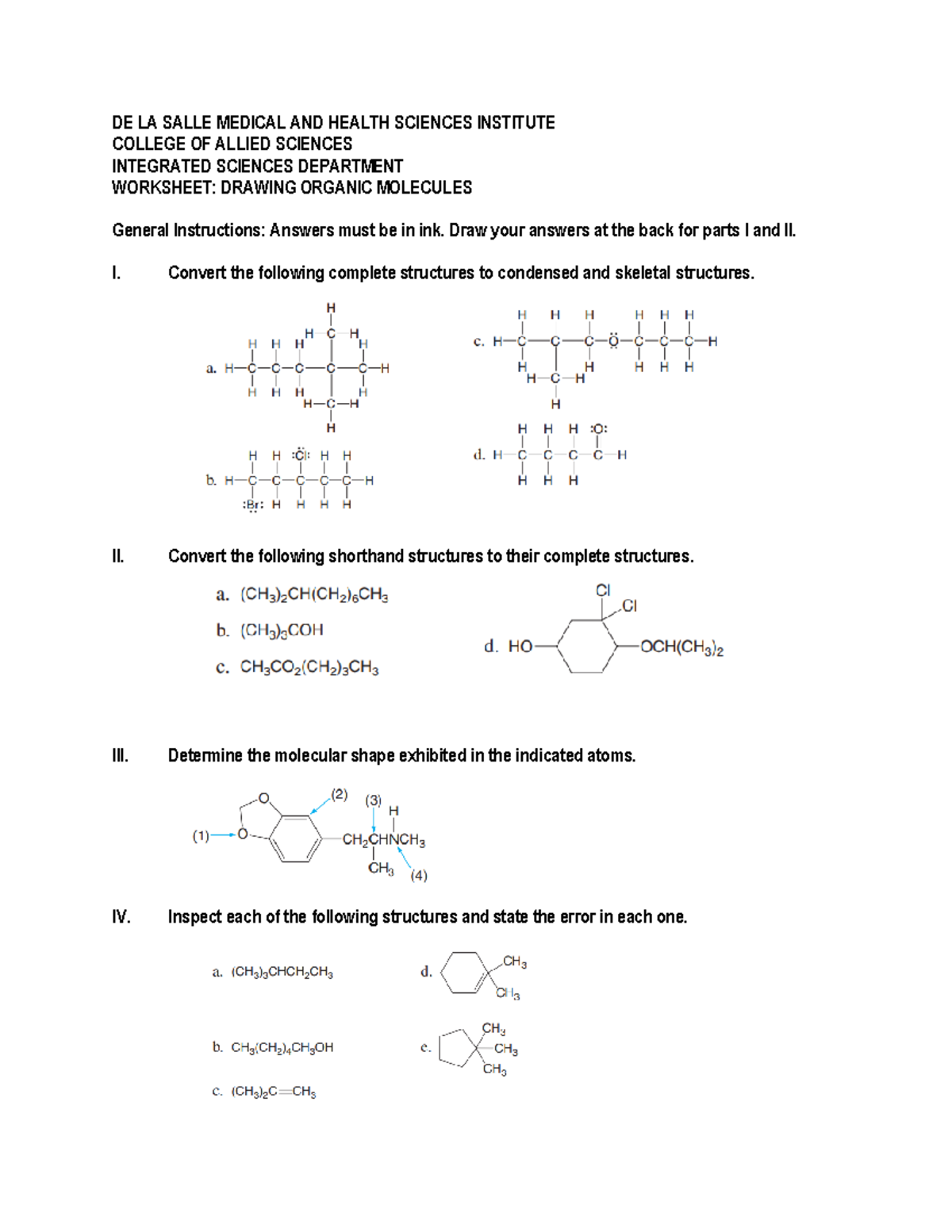 [ Gechml] Worksheet-Drawing Organic Molecules - DE LA SALLE MEDICAL AND ...