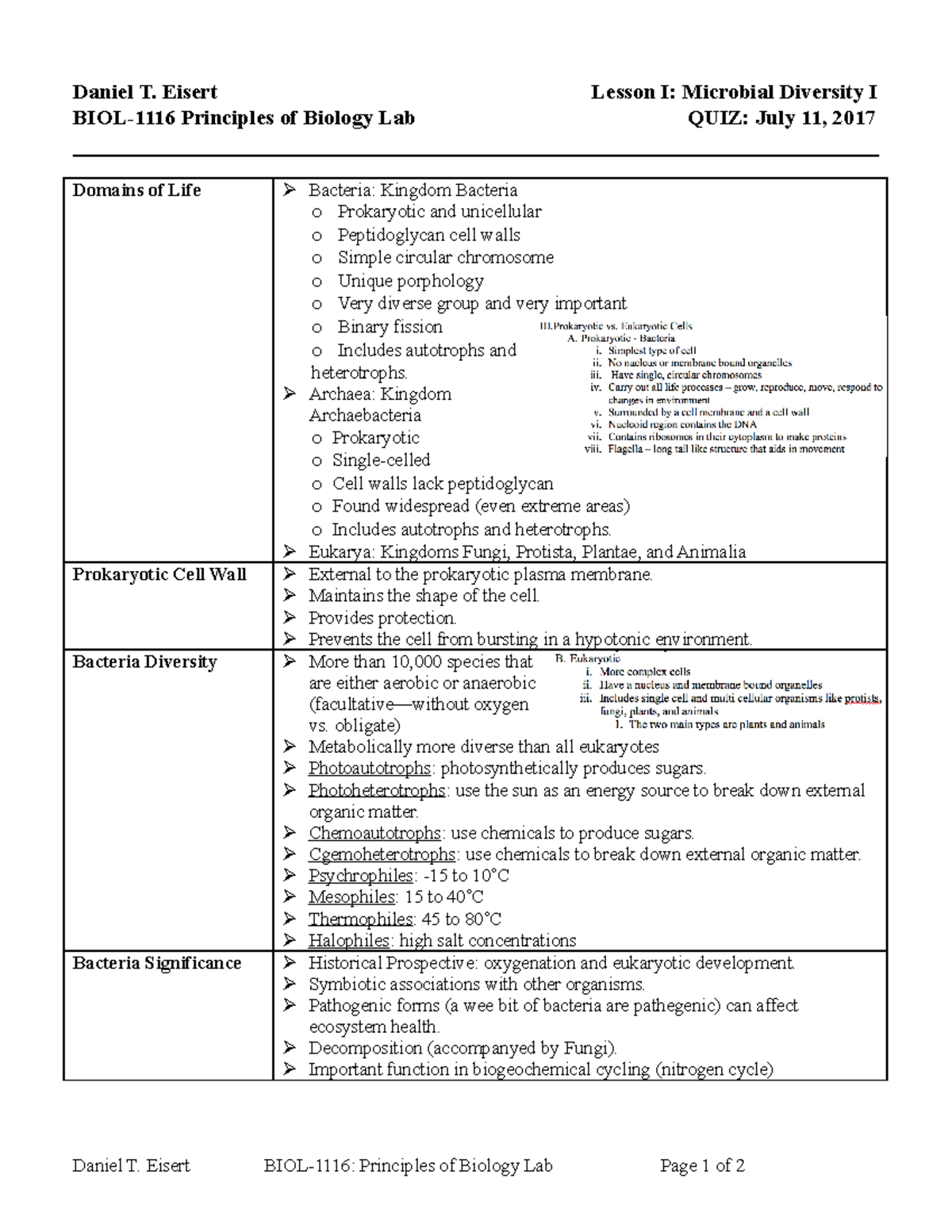 BIOL-1116 - Microbial Diversity I - Daniel T. Eisert Lesson I ...