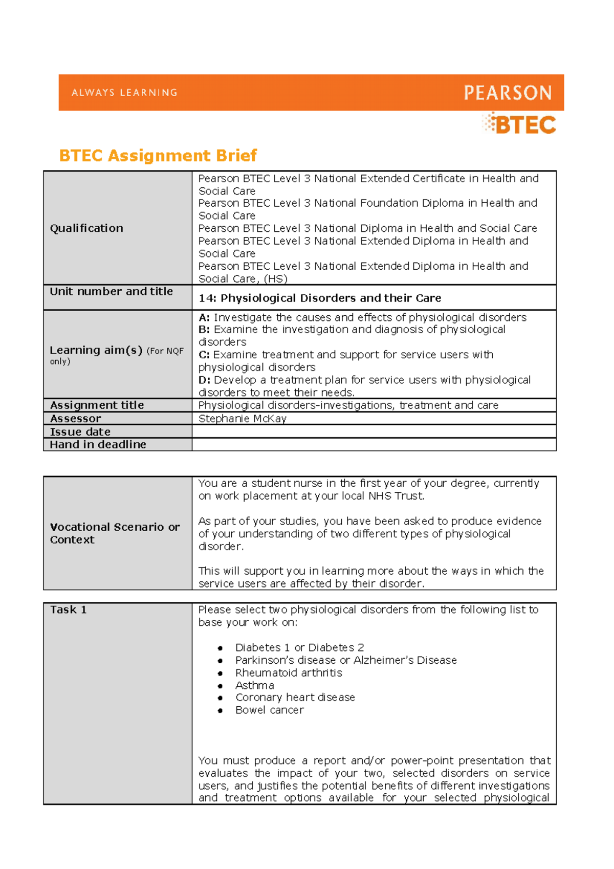 Task 1 brief (1) - dont know - BTEC Assignment Brief Qualification ...