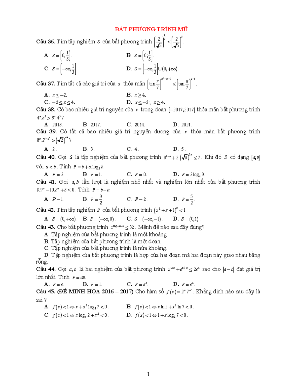 Bai tap bat pt mulogarit - 1 BẤT PHƯƠNG TRÌNH MŨ Câu 36. Tìm tập nghiệm ...