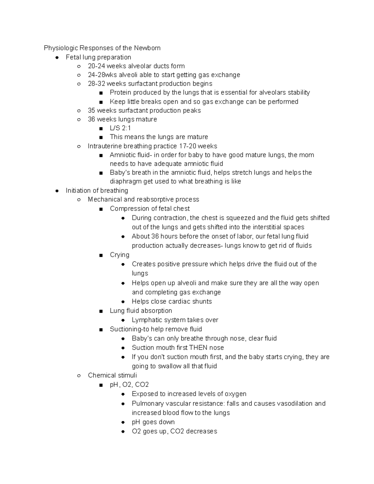 OB class 10 - Lecture notes - Physiologic Responses of the Newborn ...