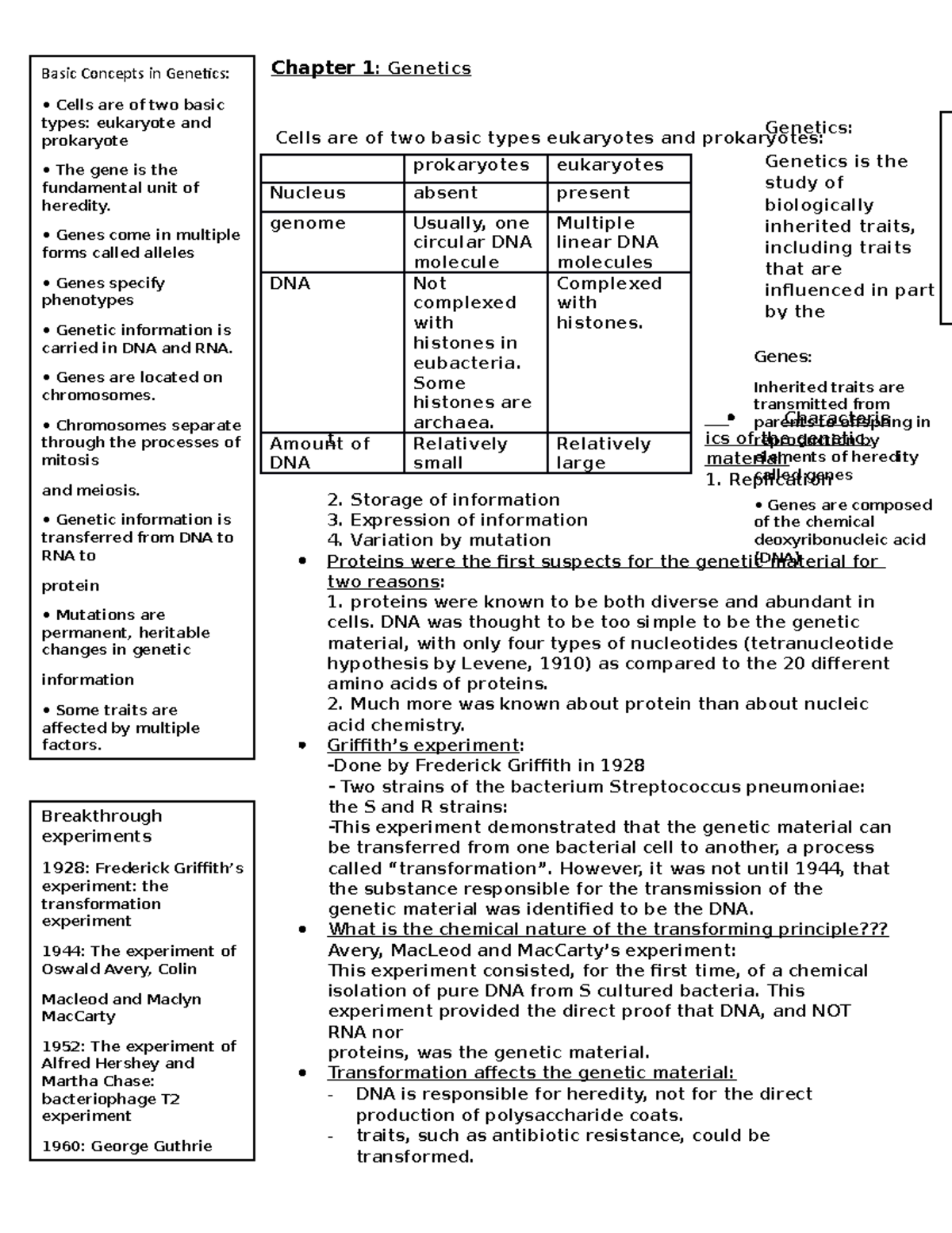 Genetics ch1 - dr's ppt - Chapter 1: Genetics Cells are of two basic ...
