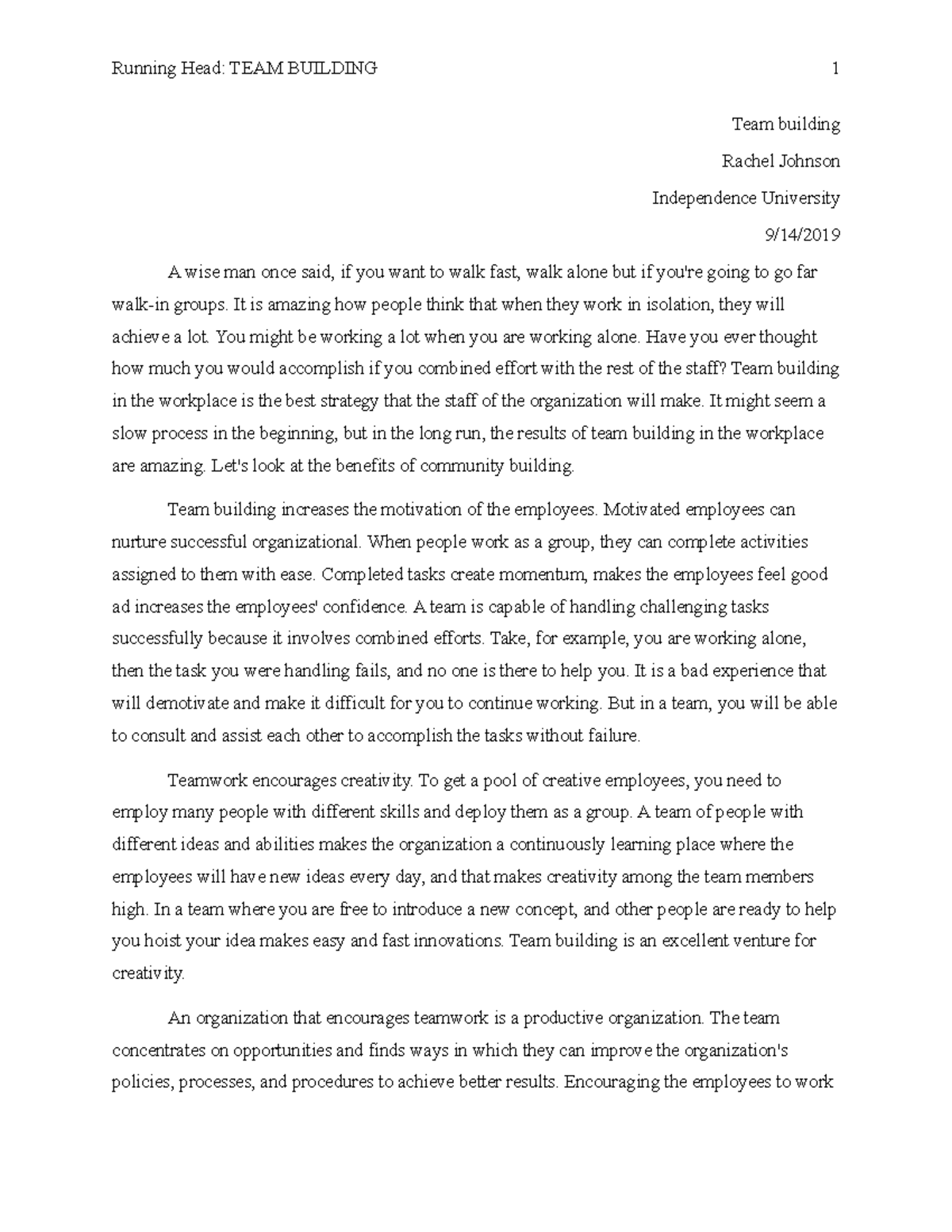 Team Building Speech - Running Head: TEAM BUILDING 1 Team building ...