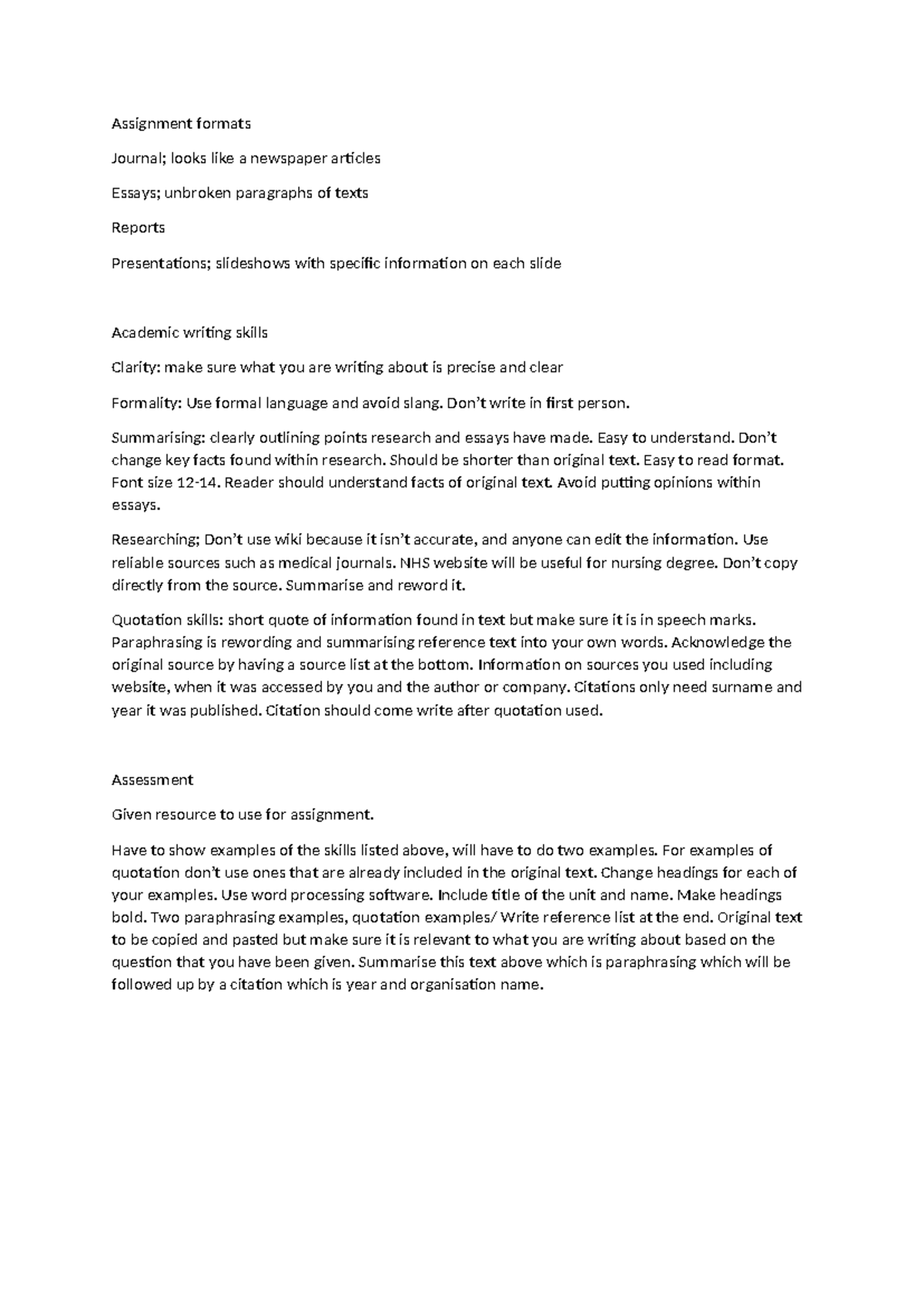 Academic writing skills class 1 - Assignment formats Journal; looks ...