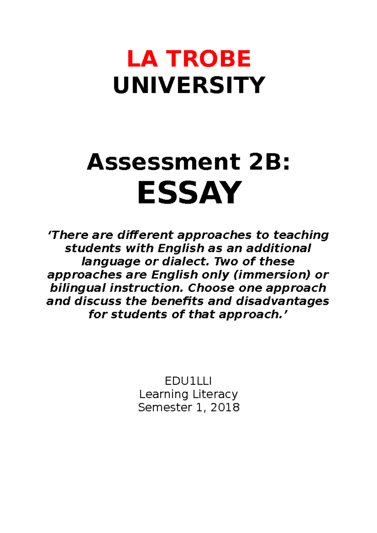 Assessment 2B Essay - English as an additional language or dialect - LA ...