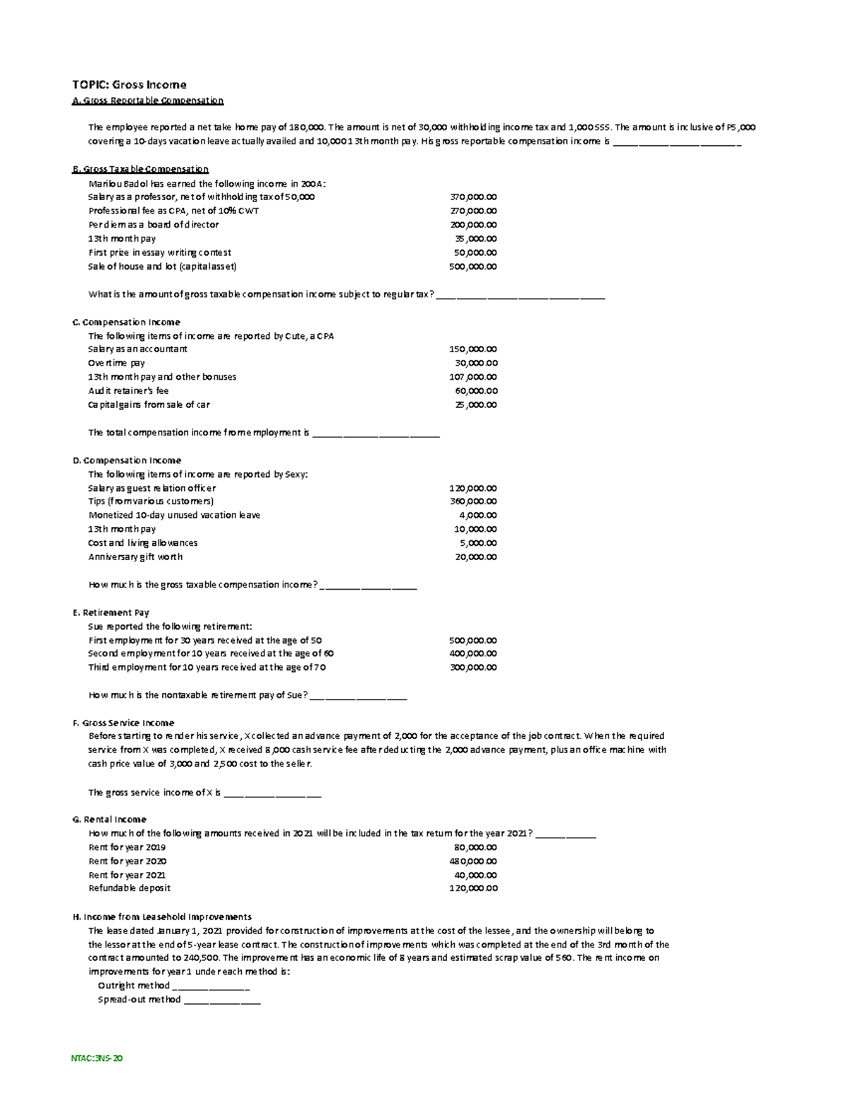 Computation Comprehensive Review - TOPIC: Gross Income A. Gross ...