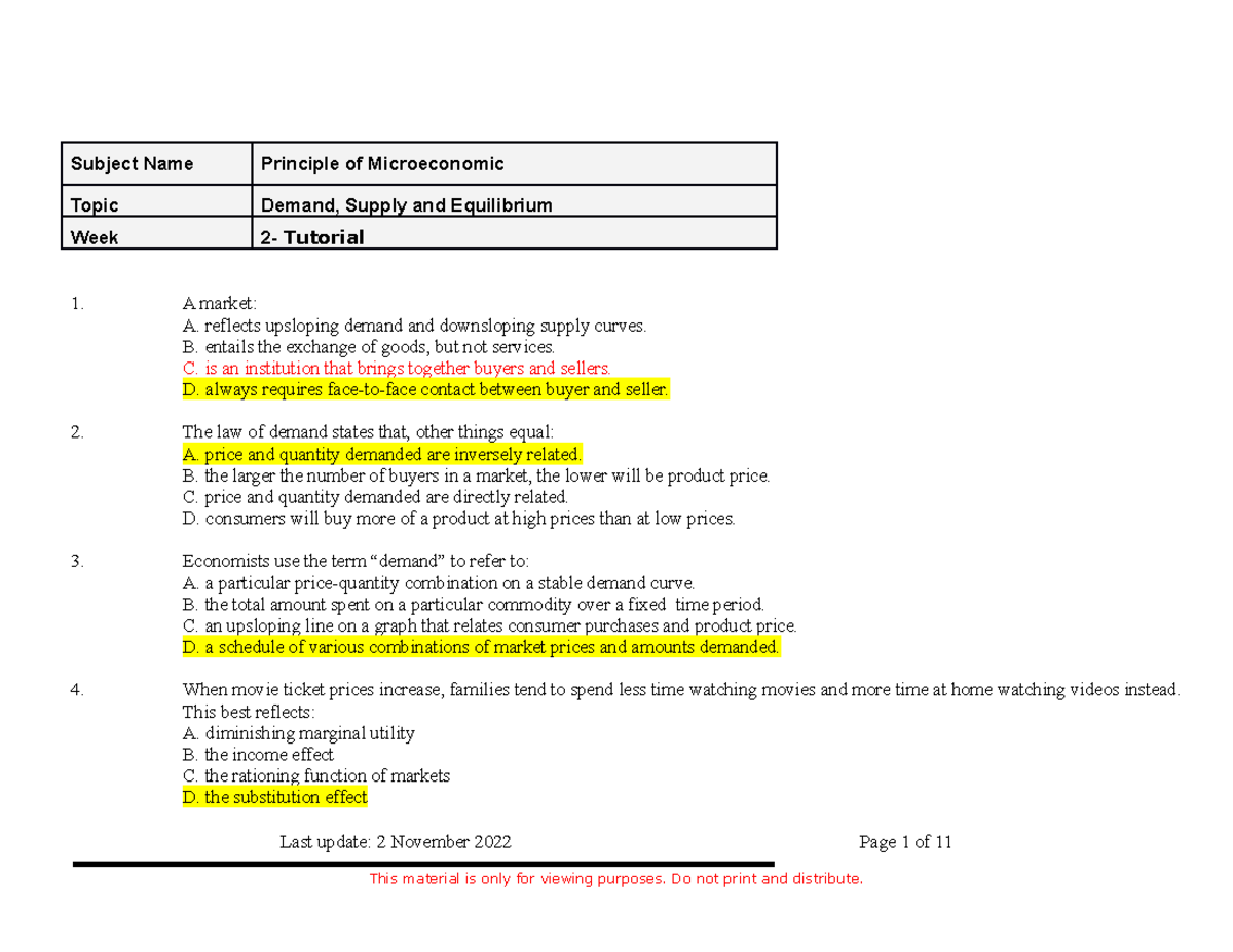 Tutorial 2 - Subject Name Principle of Microeconomic Topic Demand, Supply and Equilibrium Week 2 ...