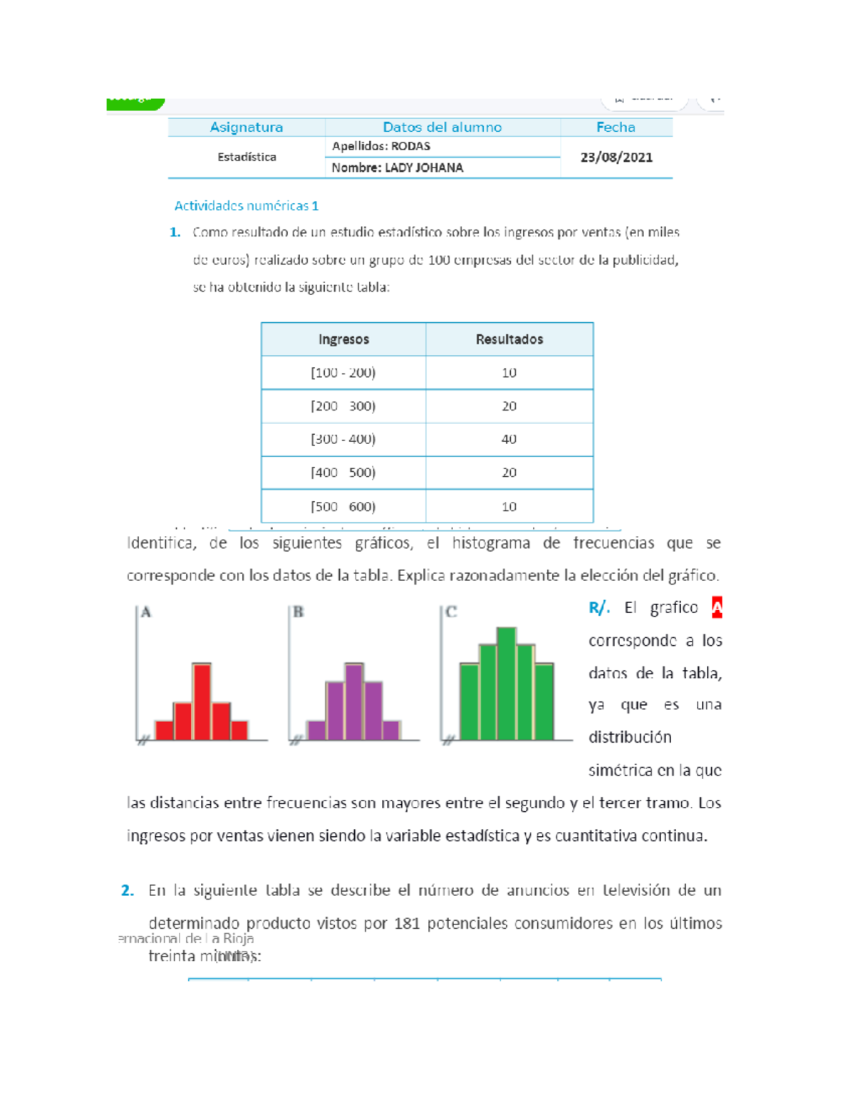 Trabajo Estadistica UNIR - Matemáticas especiales - Studocu