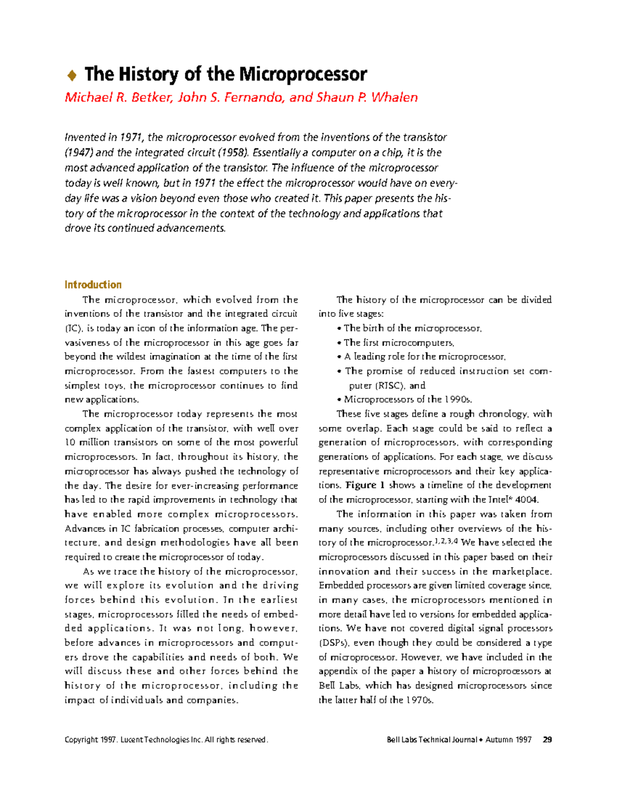 History of Microprocessors - Bell Labs Technical Journal Autumn 1997 29 ...