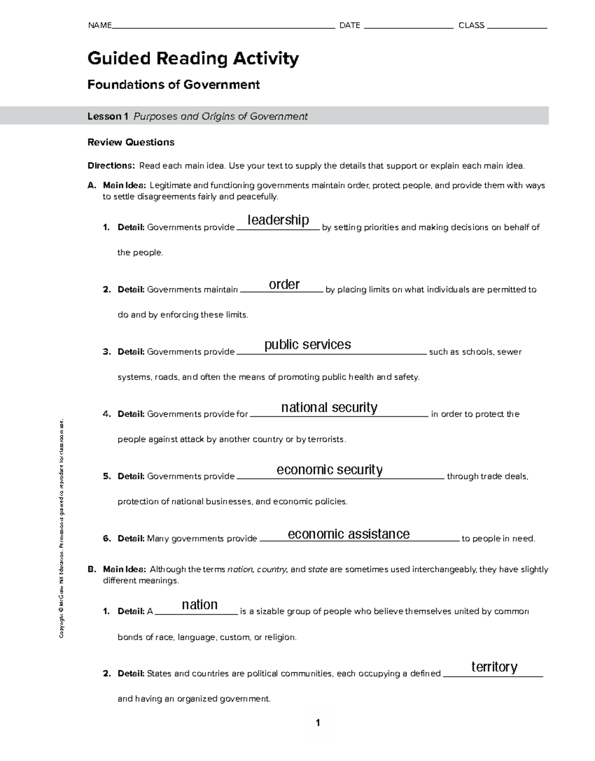 GR1 - Helpful assignment - NAME DATE CLASS Guided Reading Activity ...