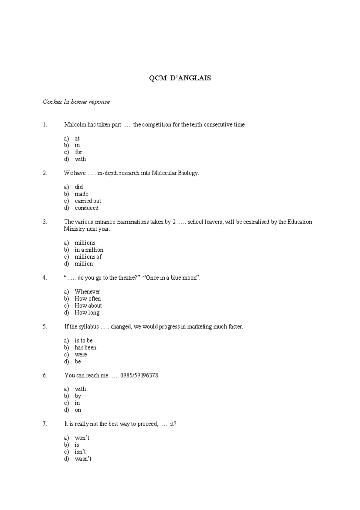 Qcm anglais - Course of level 1 - QCM DíANGLAIS Cochez la bonne rÈponse ...