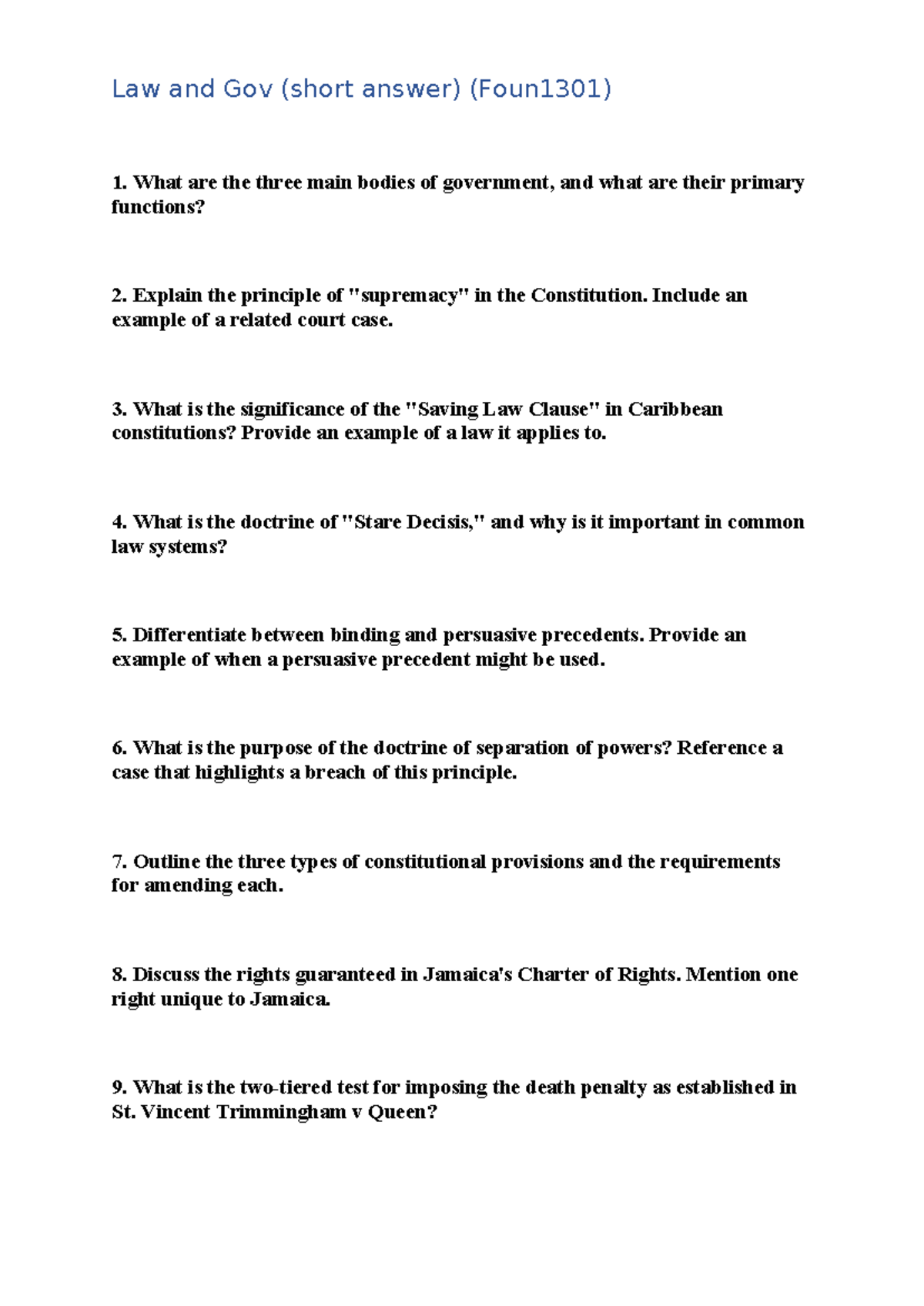 Law and gove short answer questions - Law and Gov (short answer ...