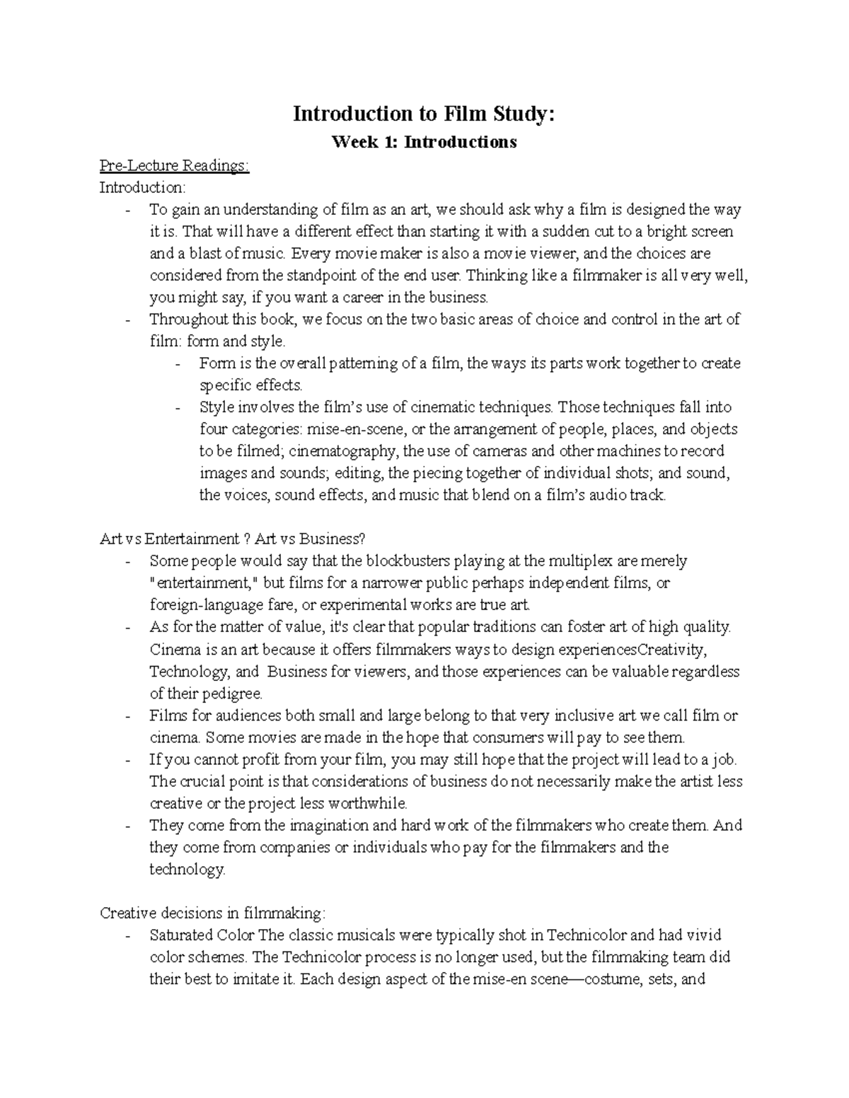 Week 1 - Lecture notes 1 - Introduction to Film Study: Week 1 ...