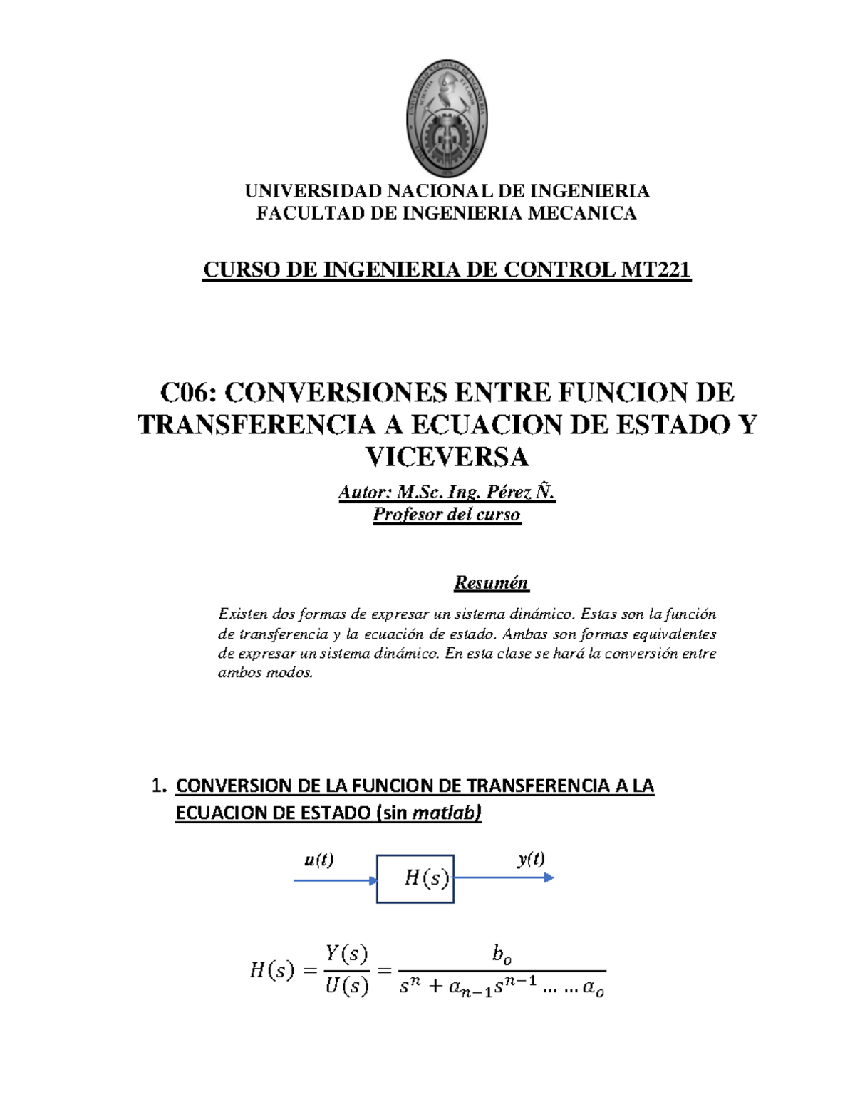 C06 Transformacion TF-SS control MT221 - UNIVERSIDAD NACIONAL DE INGENIERIA FACULTAD DE ...
