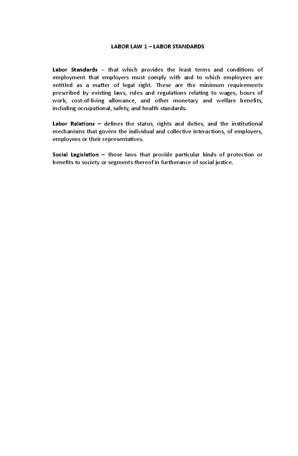 Labor LAW 1 - LABOR LAW 1 – LABOR STANDARDS Labor Standards – that ...