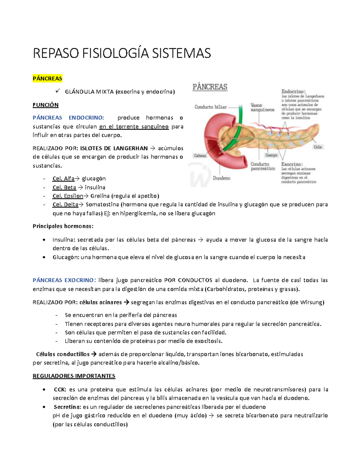 Fisiologia Sistemas - REPASO FISIOLOGÍA SISTEMAS PÁNCREAS GLÁNDULA ...