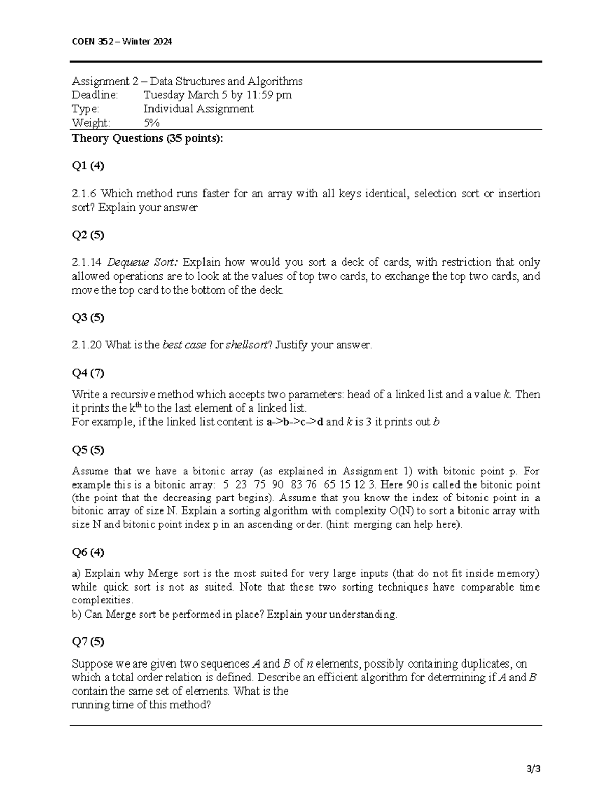 Assignment 2 - COEN 352 – Winter 2024 3/ Assignment 2 – Data Structures and Algorithms Deadline ...